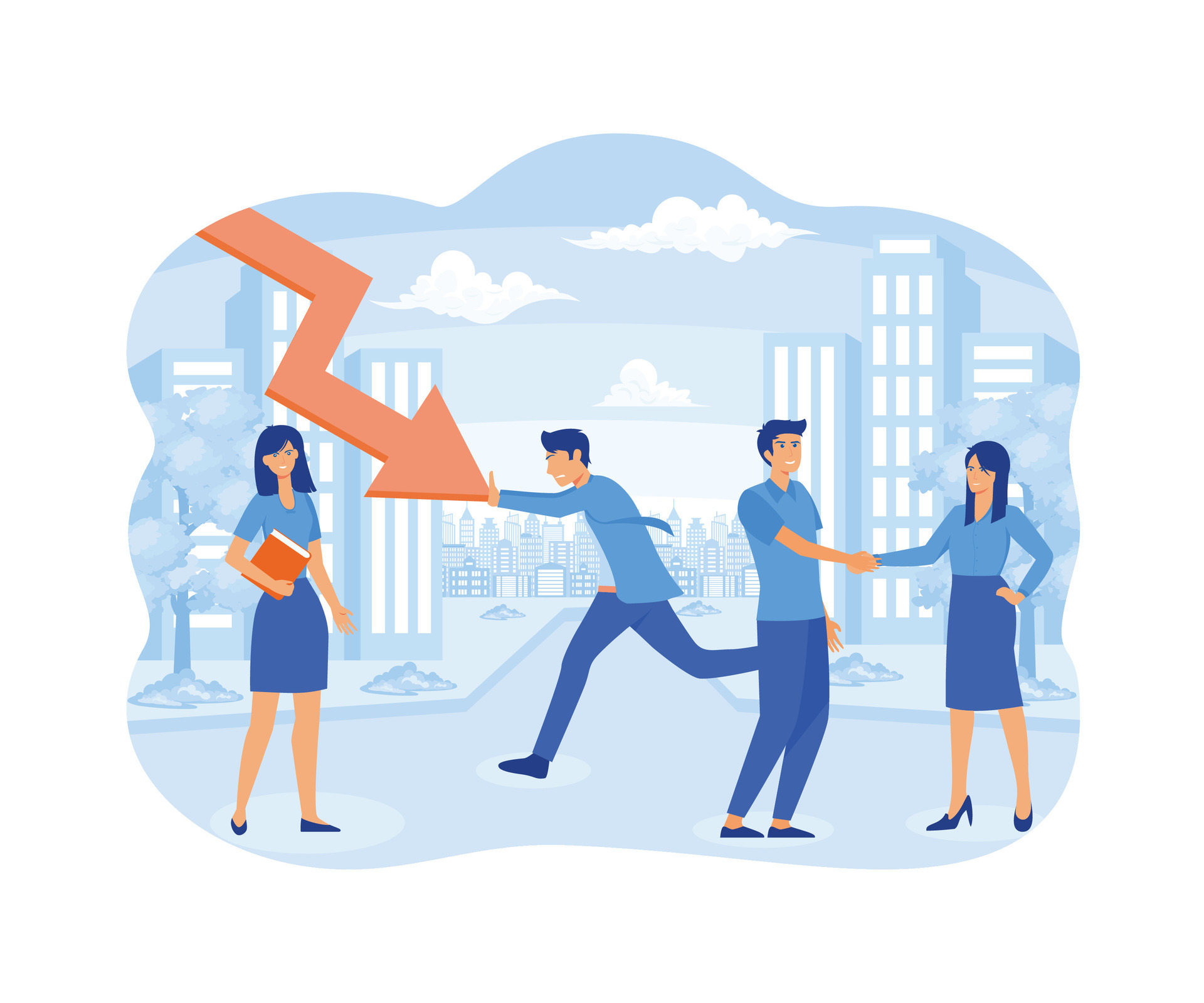 costo reducción y negocio bancarrota concepto. joven adulto personas empujado rojo crisis flecha ...