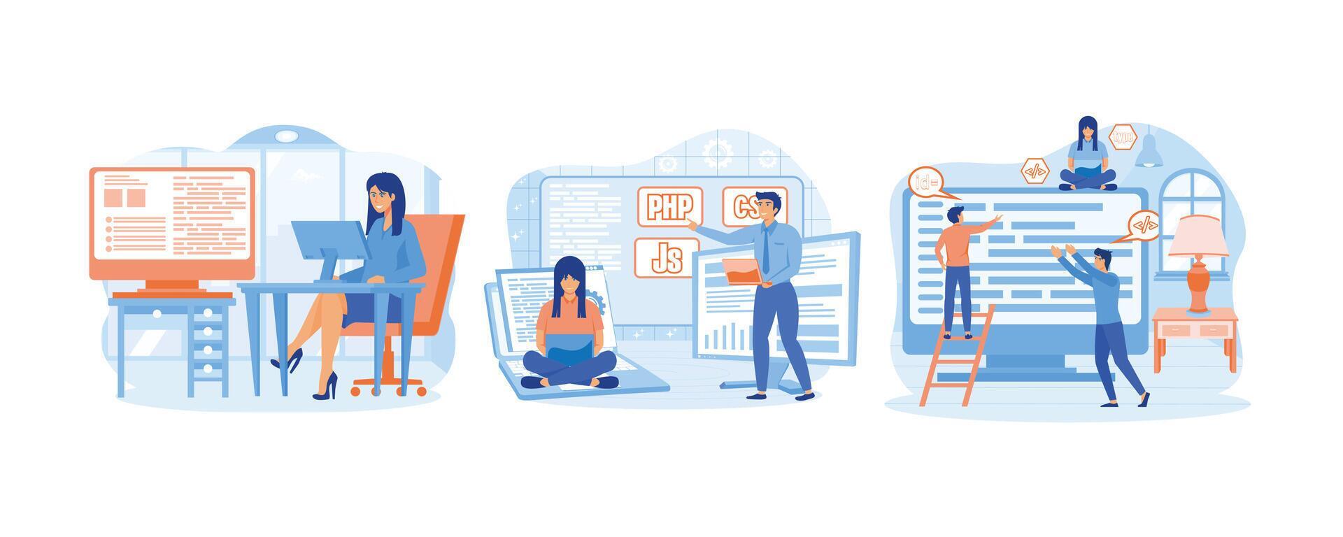 Young beautiful girl programmer behind a laptop and a computer writes a ...