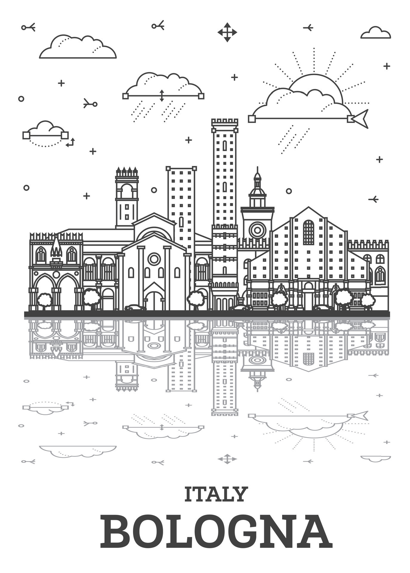 Outline Bologna Italy City Skyline With Historic Buildings And Reflections Isolated On White