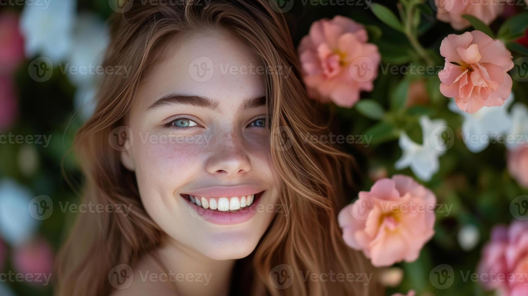 Ai Generated Smiling Woman With Bright Teeth And Blushing Cheeks Posing With Pink Flower