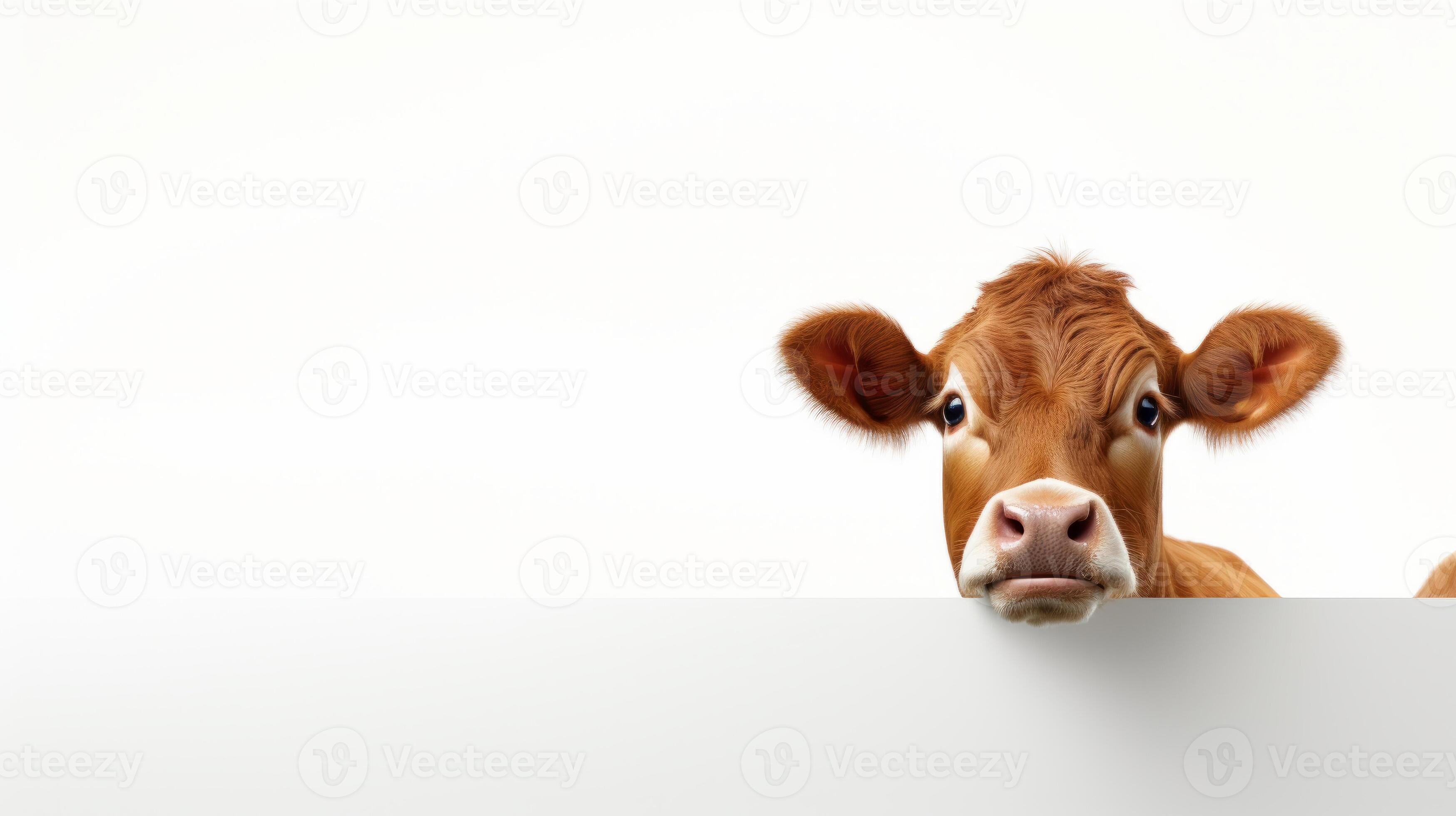 AI generated Animal rights concept A curious brown cow peeking over a white wall against a white ...