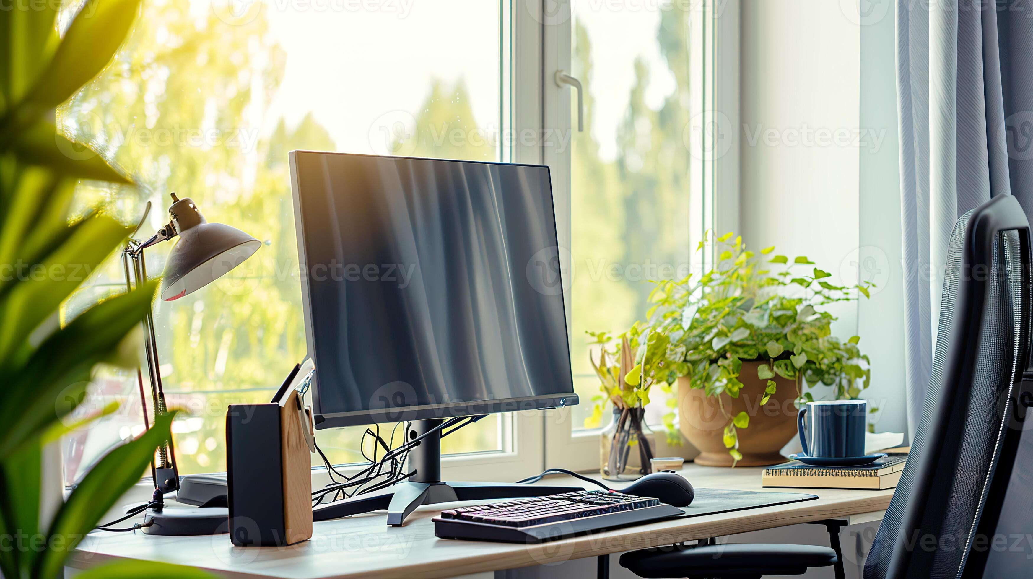 AI generated Remote Work Environment, Stylish Desk with Computer and ...