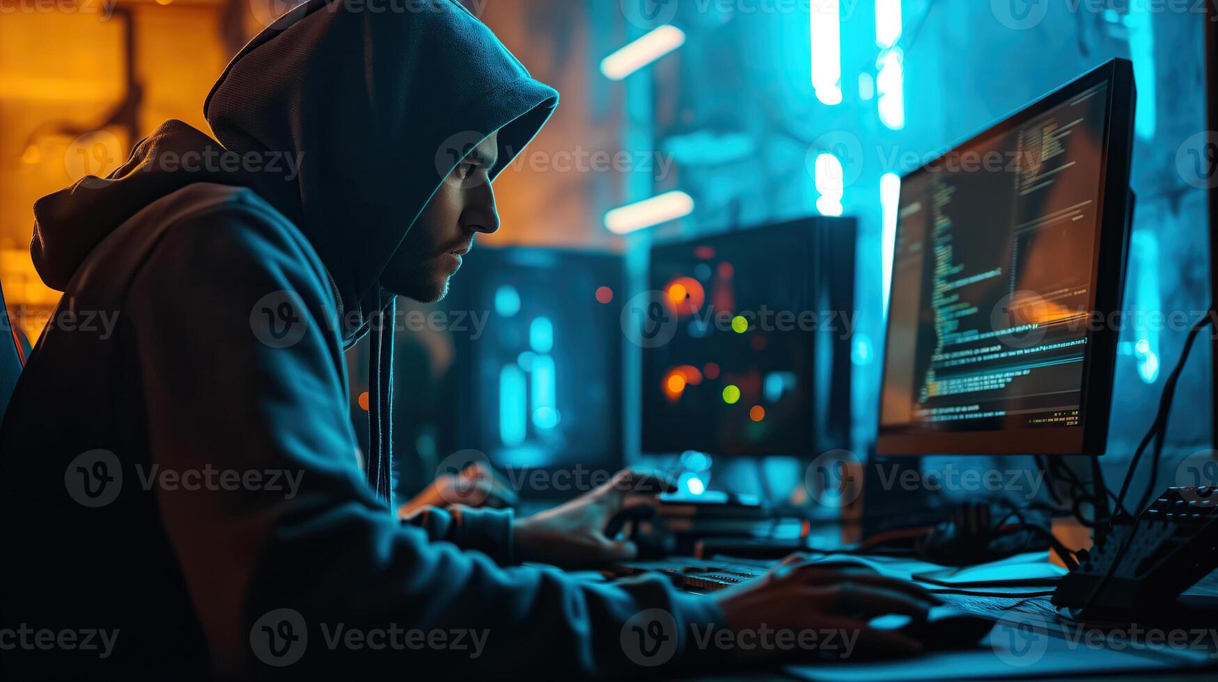 AI generated Hacker committing digital cybercrime in front of computer ...