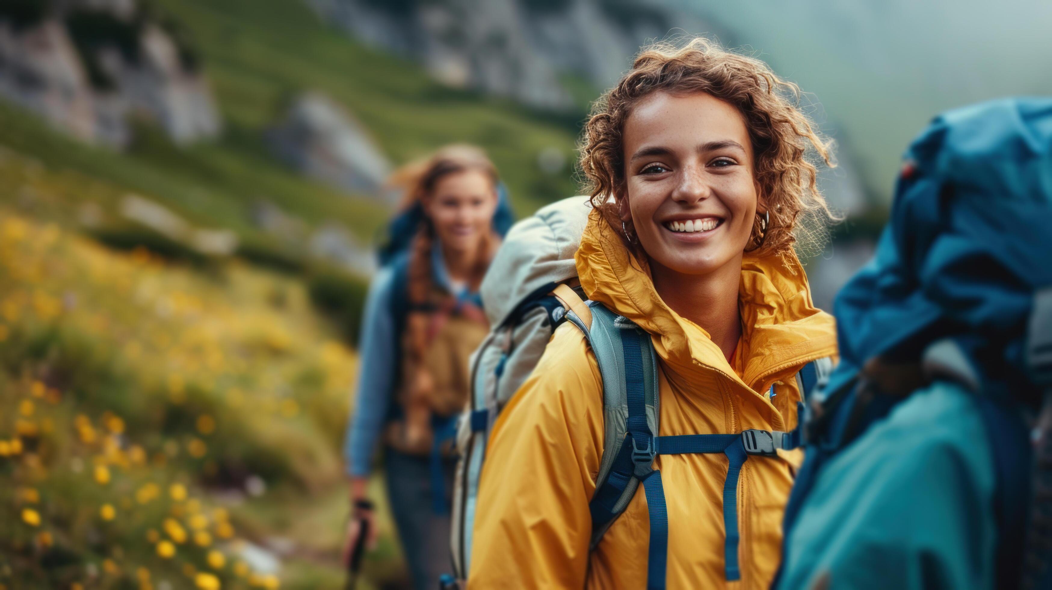 AI generated Smiling partners hiking mountain trails, embracing nature ...
