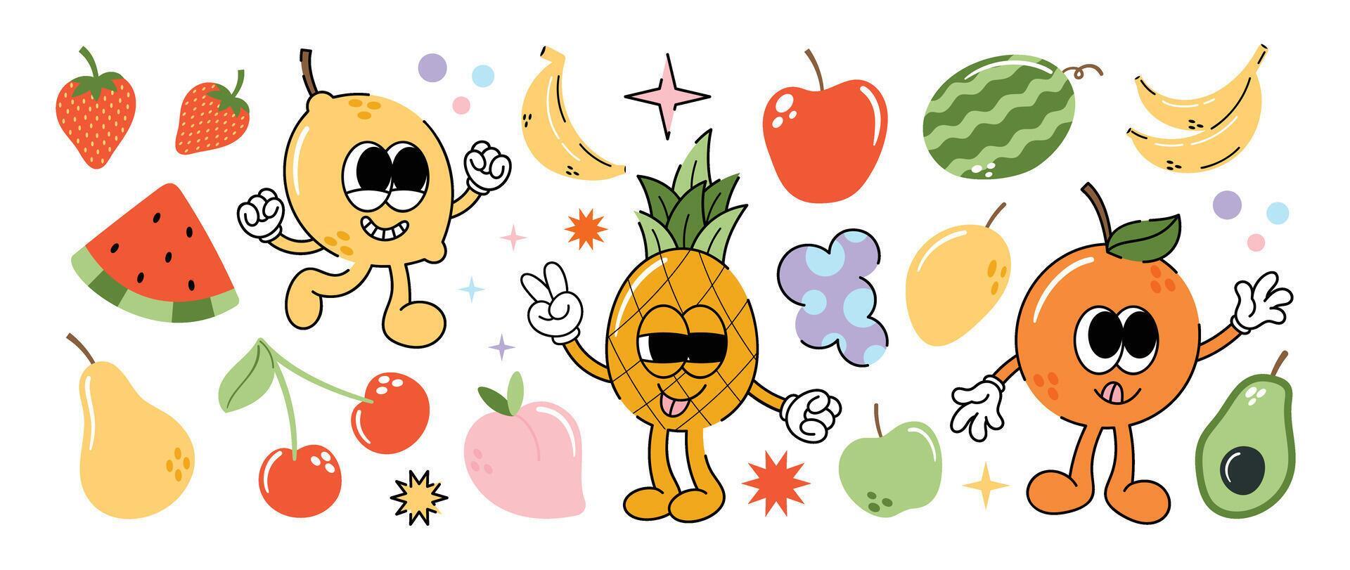 Set of fresh fruit groovy element vector. Funky fruits character design ...