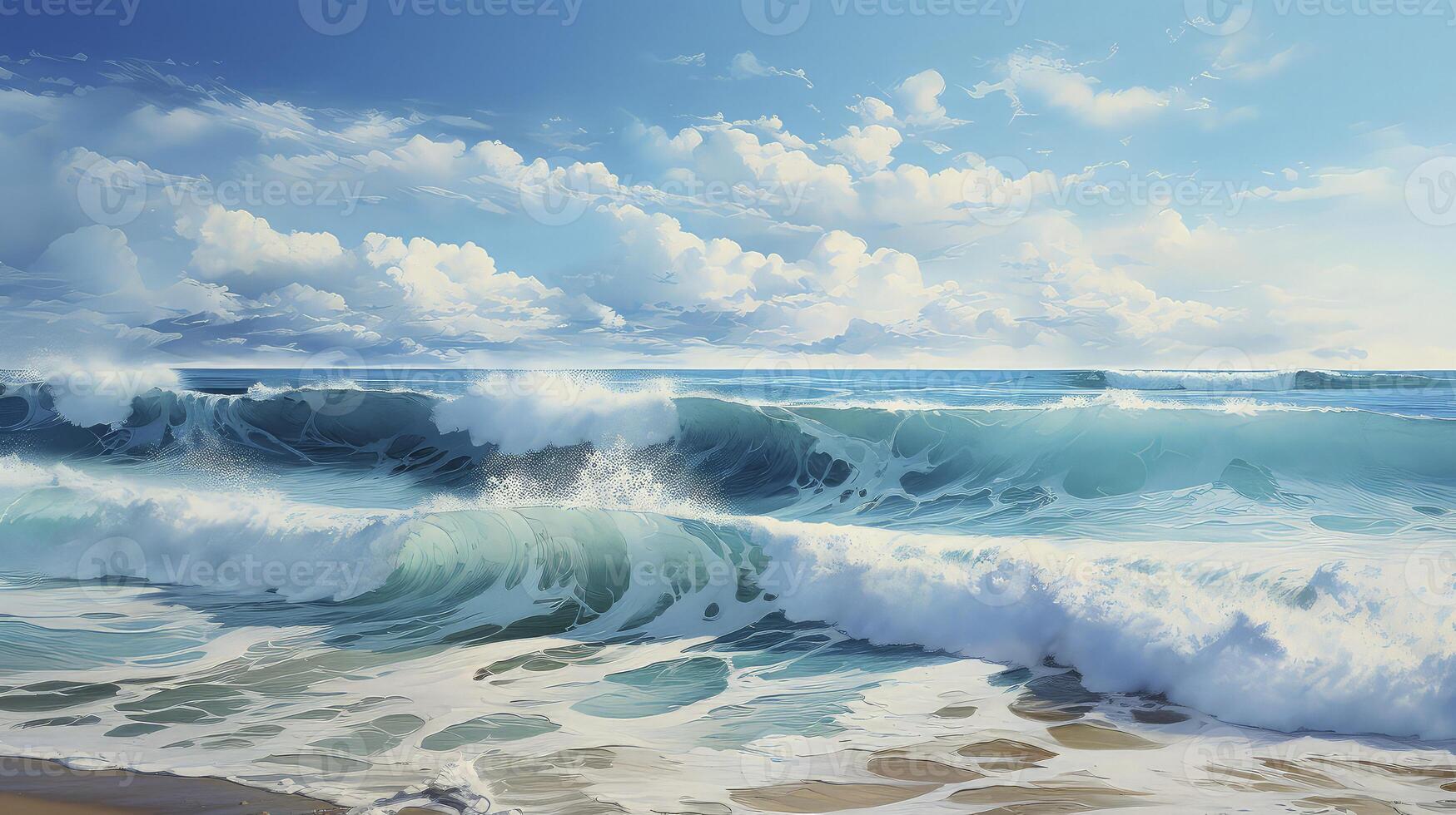 AI generated Beautiful blue ocean waves on clean sandy beach background ...