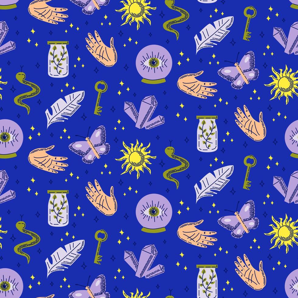 Flat mystical seamless pattern with linear decoration. Flat and linear ...