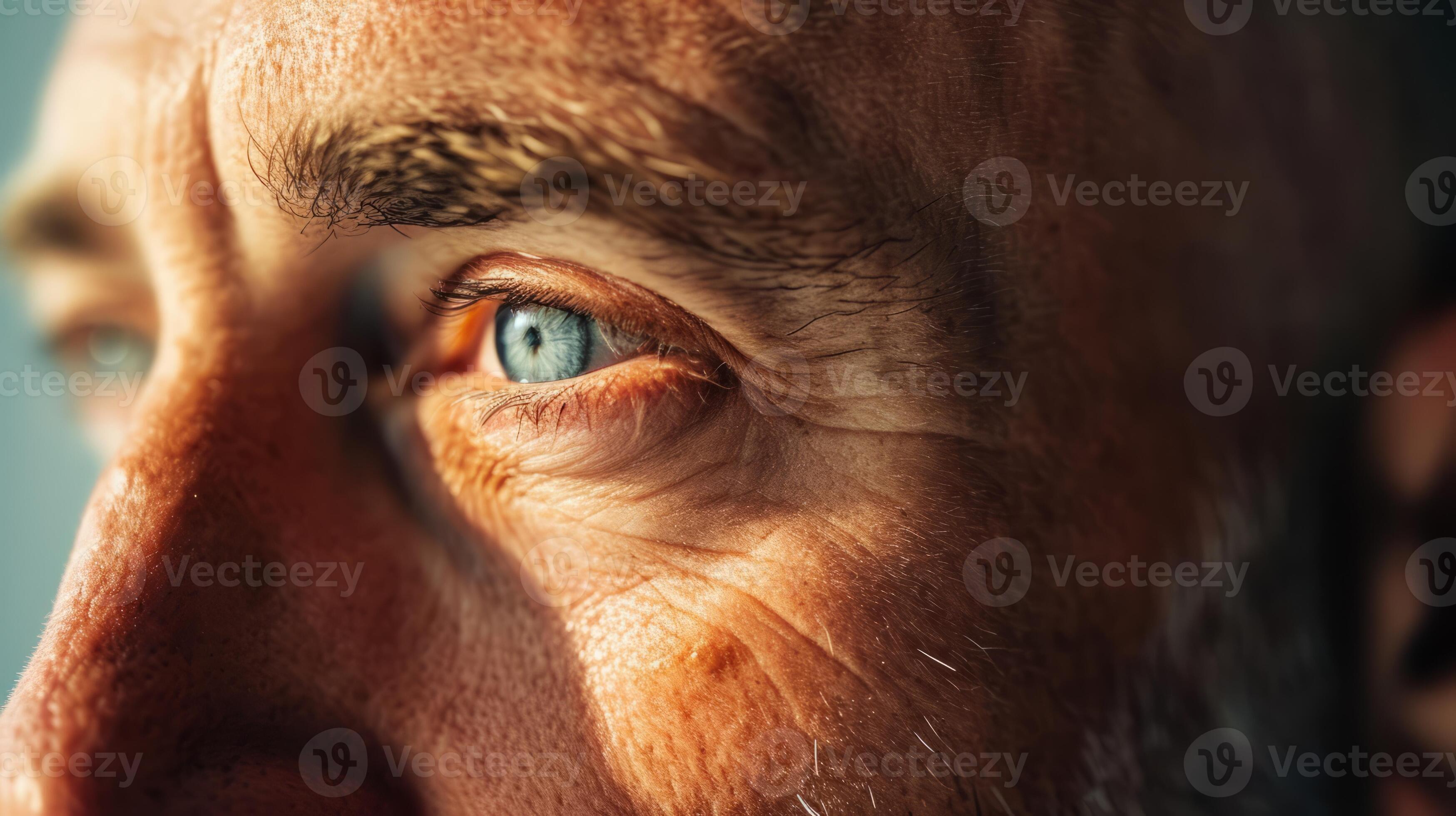 AI generated A close-up of an old man eye with details wrinkles, eyelashes, and the vibrant iris ...