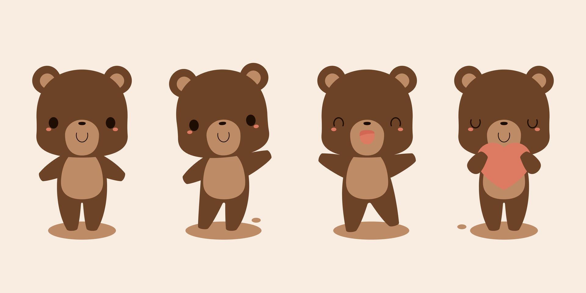 Set Of Cute Brown Bear Cartoon Characters Flat Vector Illustration