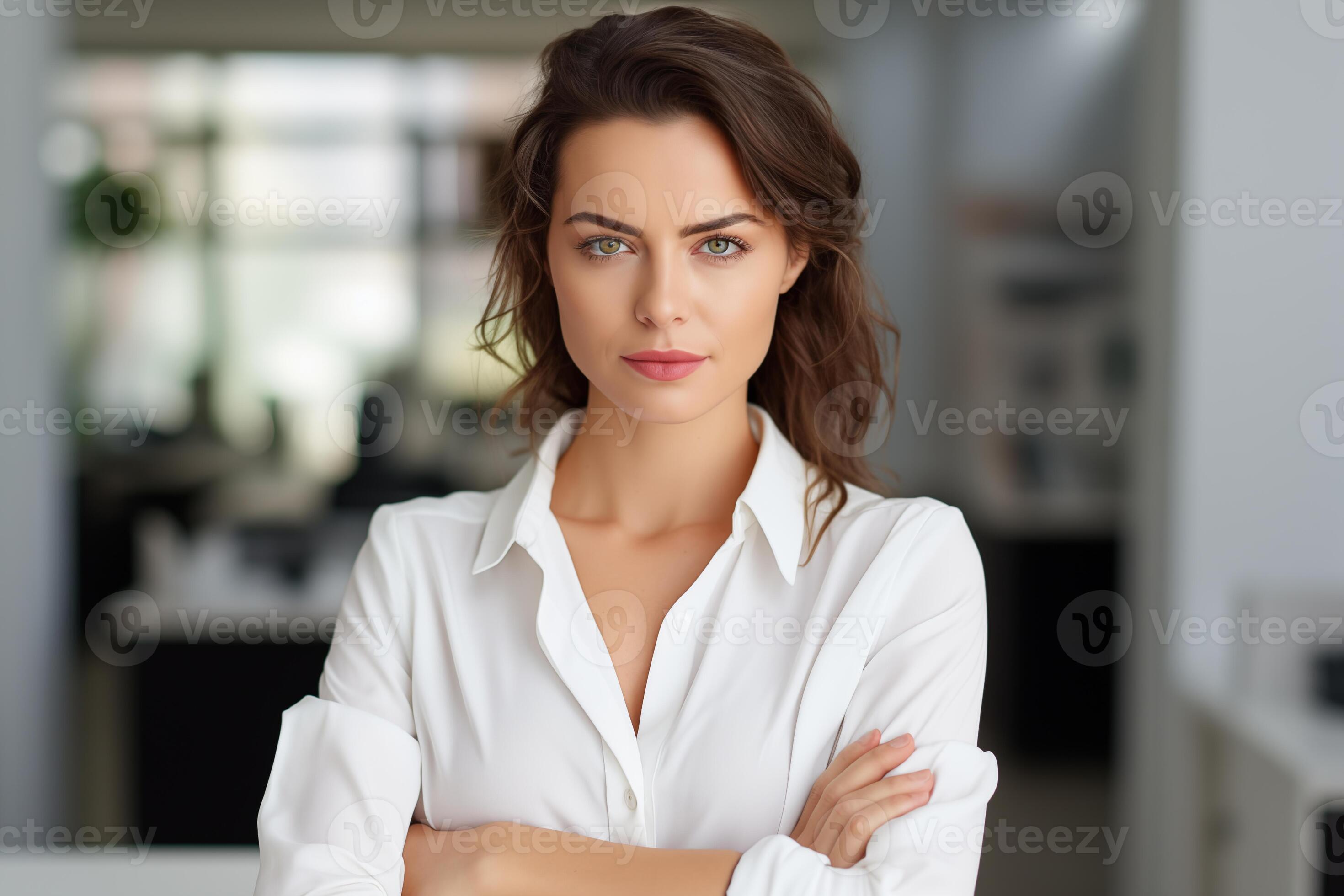 AI generated Portrait photo of a beautiful businesswoman wearing a white shirt, folding her arms ...