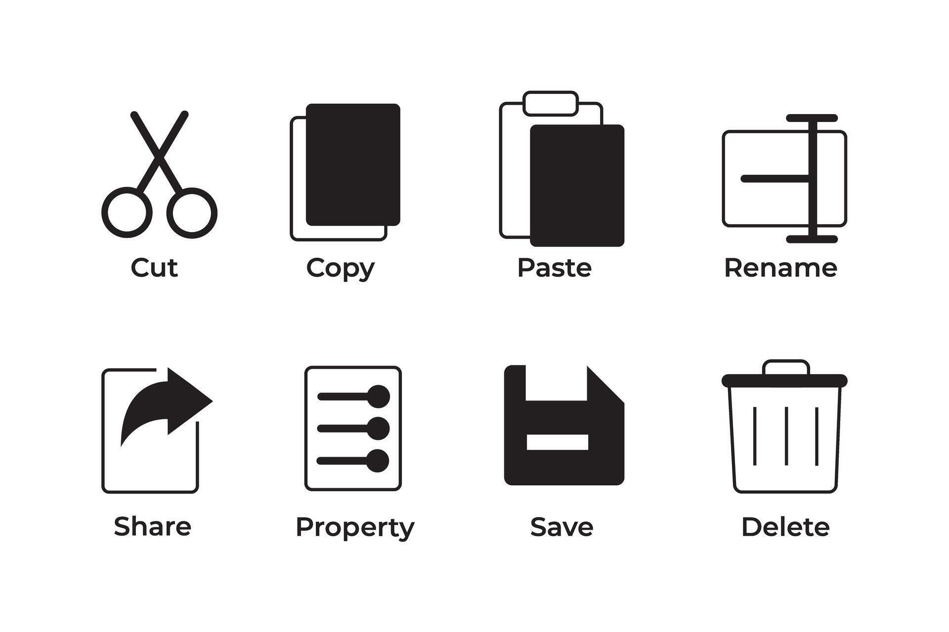 Cut, copy, paste, rename, share, save and delete icon symbol collection ... Cut, copy, paste, rename, share, save and delete icon symbol collection ...