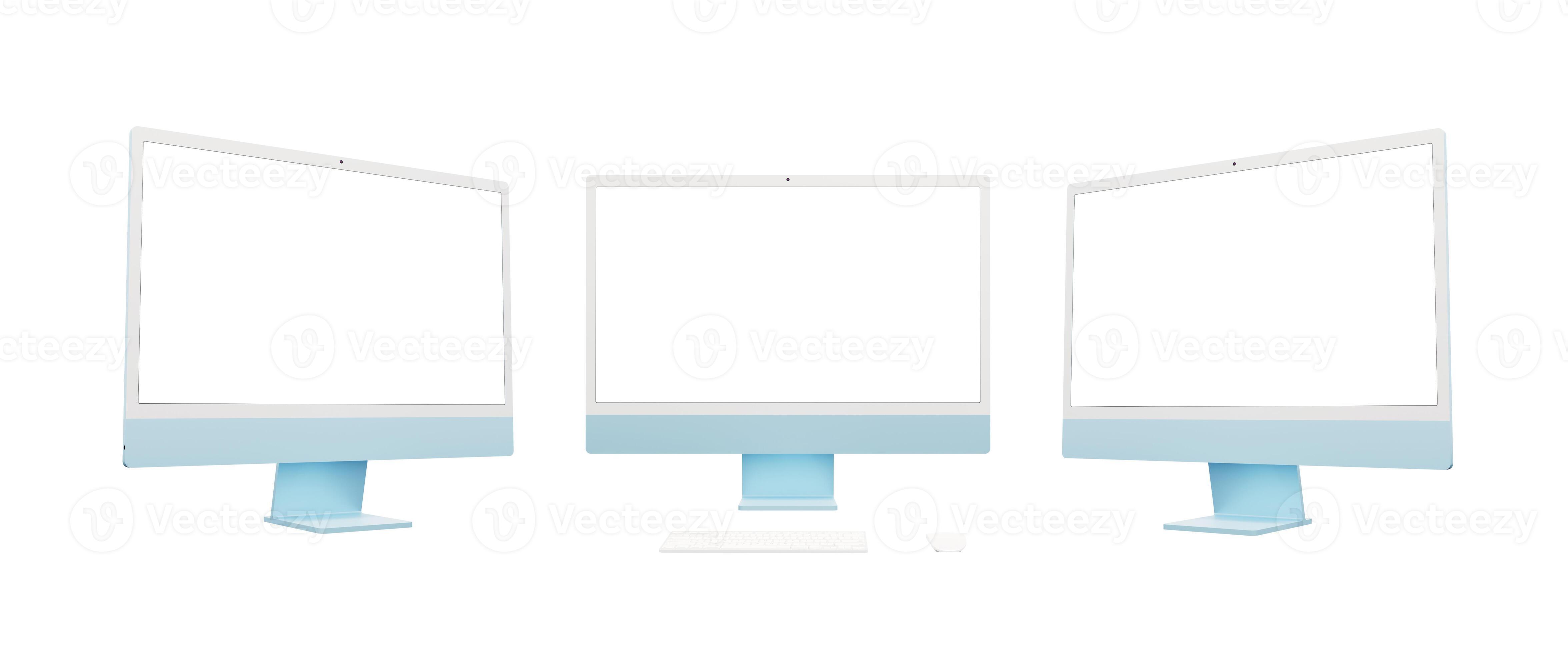Modern blue computer display presented in three angles left, front ...