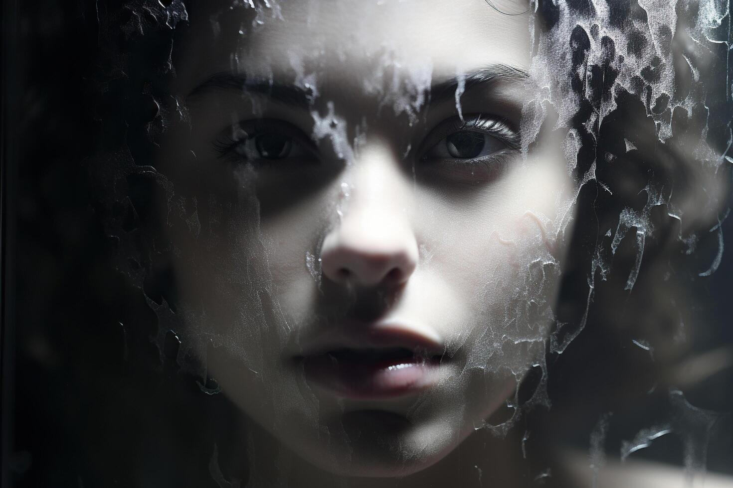 AI generated Portrait of a young girl girl behind glass with water ...
