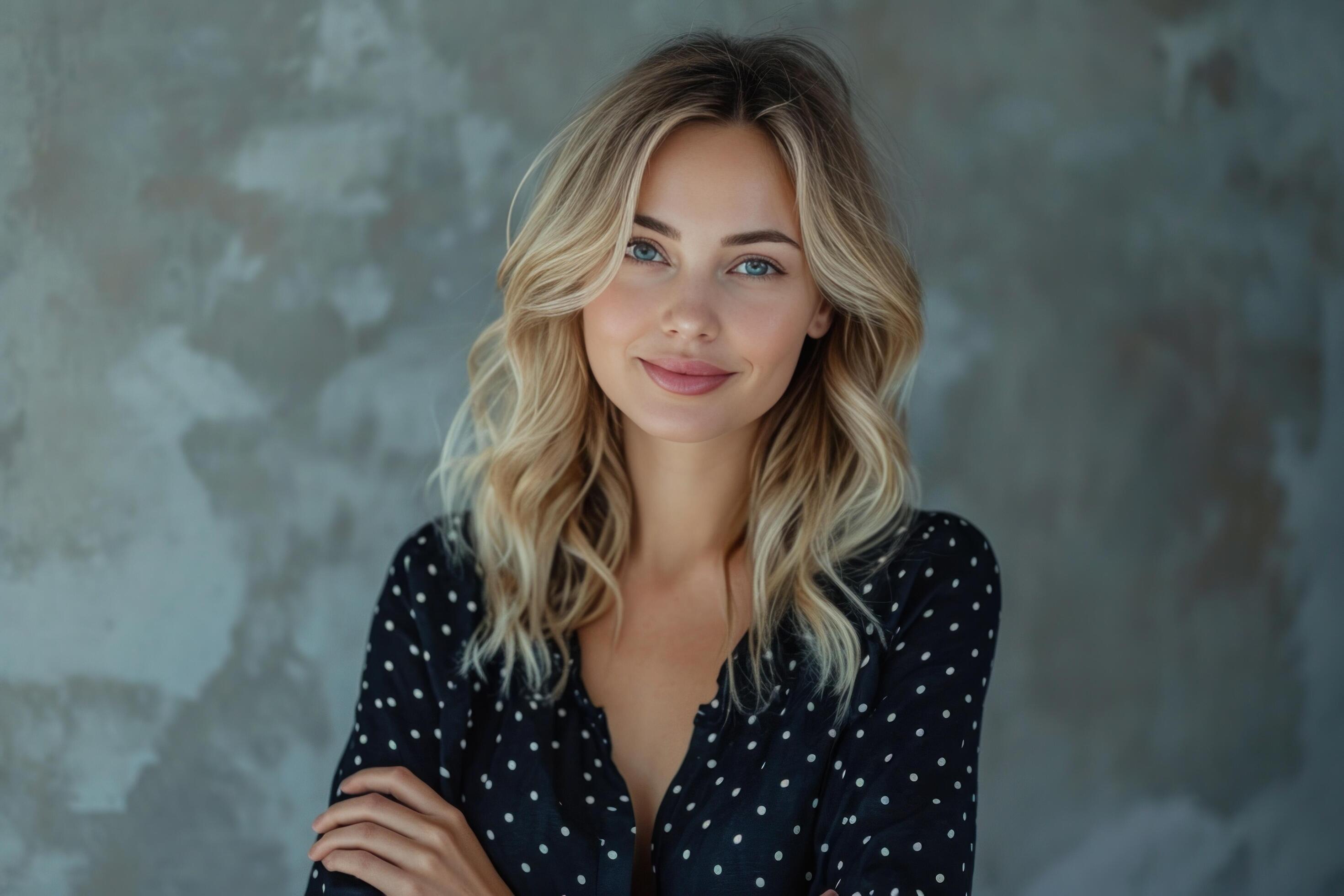 AI generated actress in polka dot ensemble posing wearing blouse and arm folded. 38803464 Stock ...