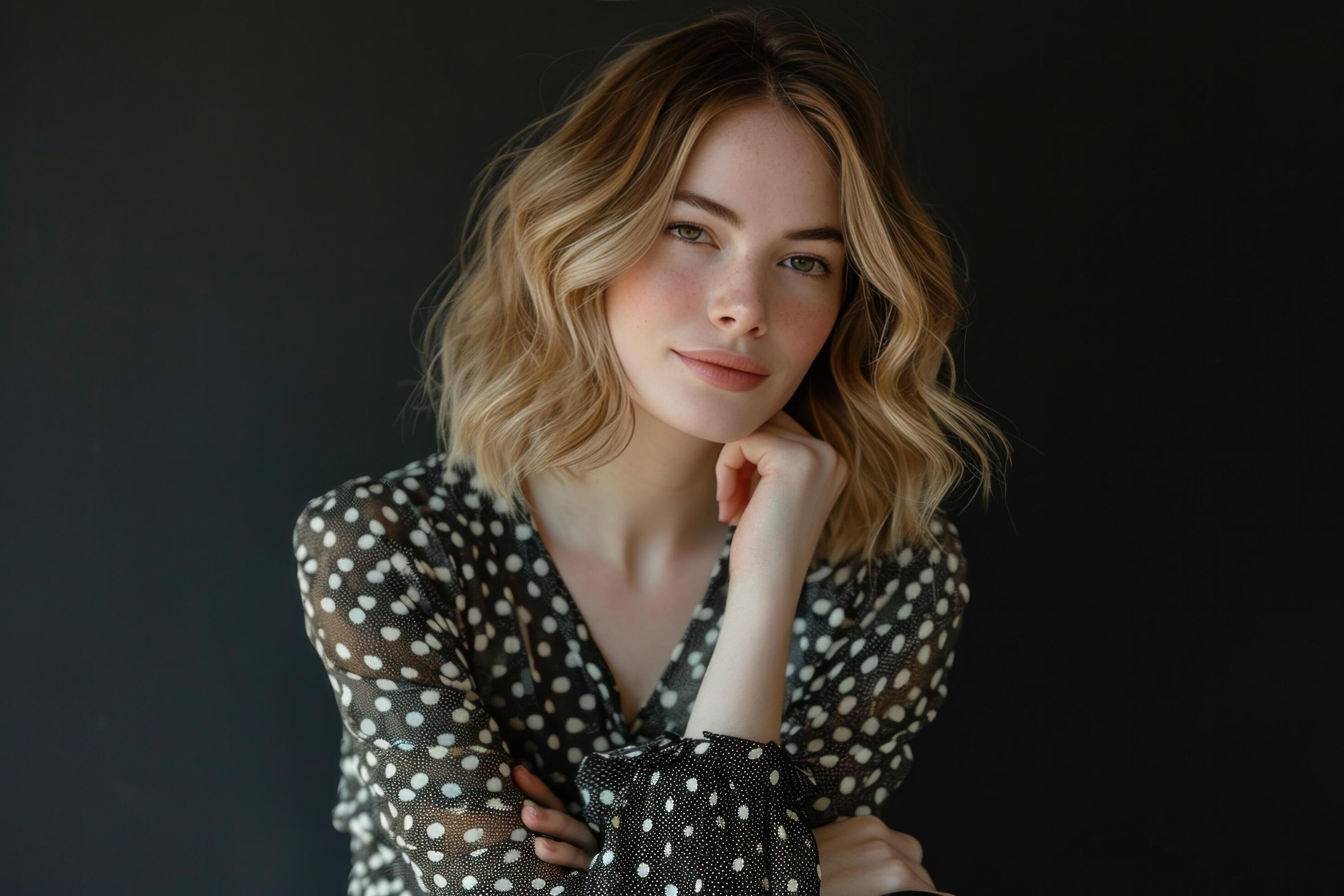 AI generated actress in polka dot ensemble posing wearing blouse and arm folded. 38803466 Stock ...