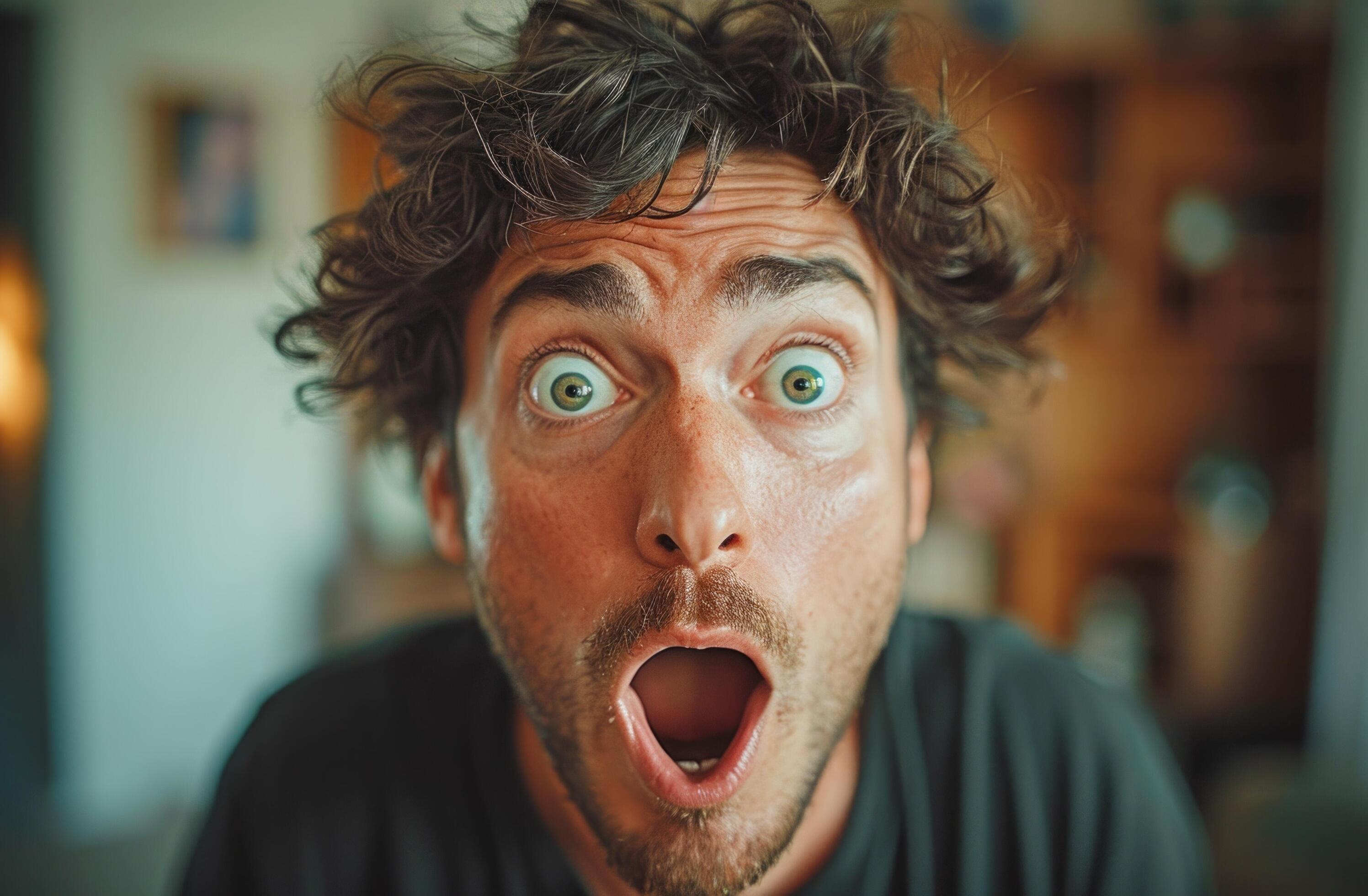 AI generated man making a surprised face while looking at camera ...