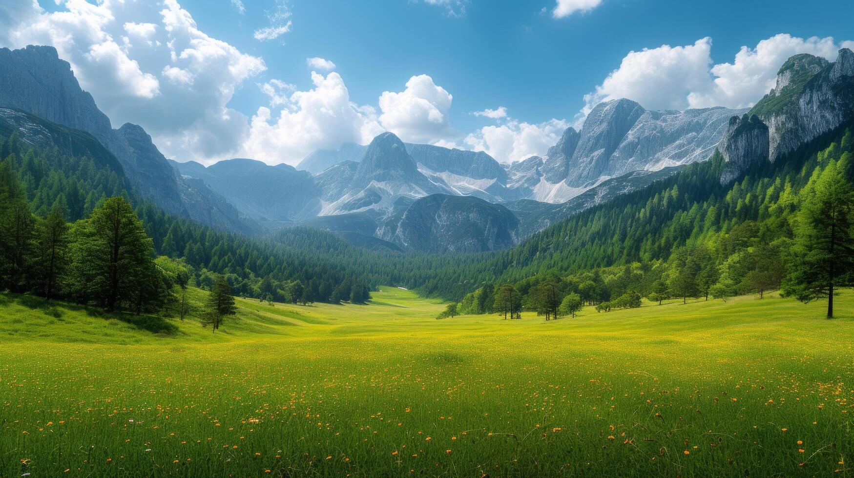 AI generated Beautiful photo with endless alpine green meadows and mountains in the background ...