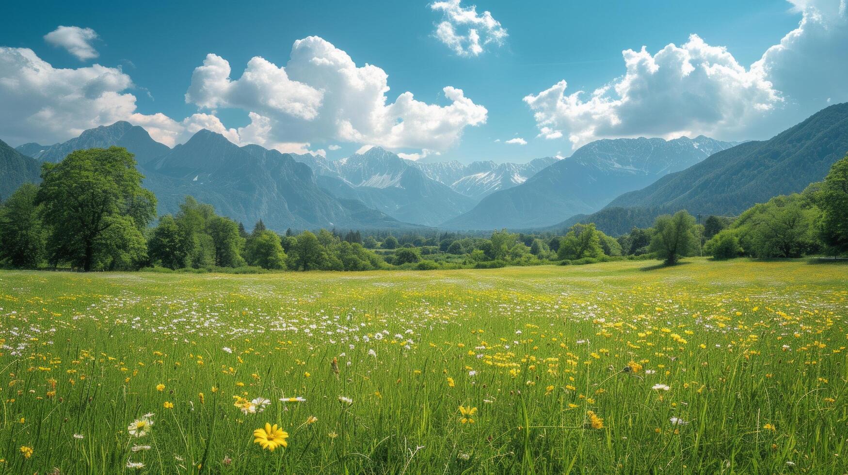 AI generated Beautiful photo with endless alpine green meadows and mountains in the background ...