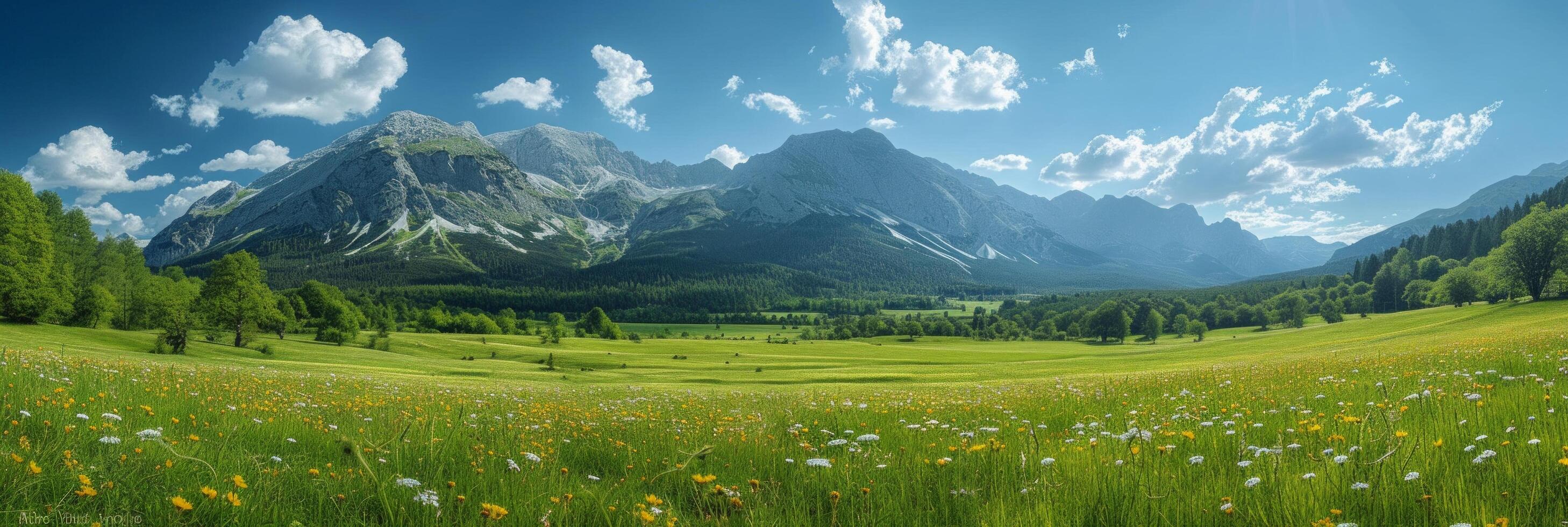 AI generated Beautiful photo with endless alpine green meadows and mountains in the background ...