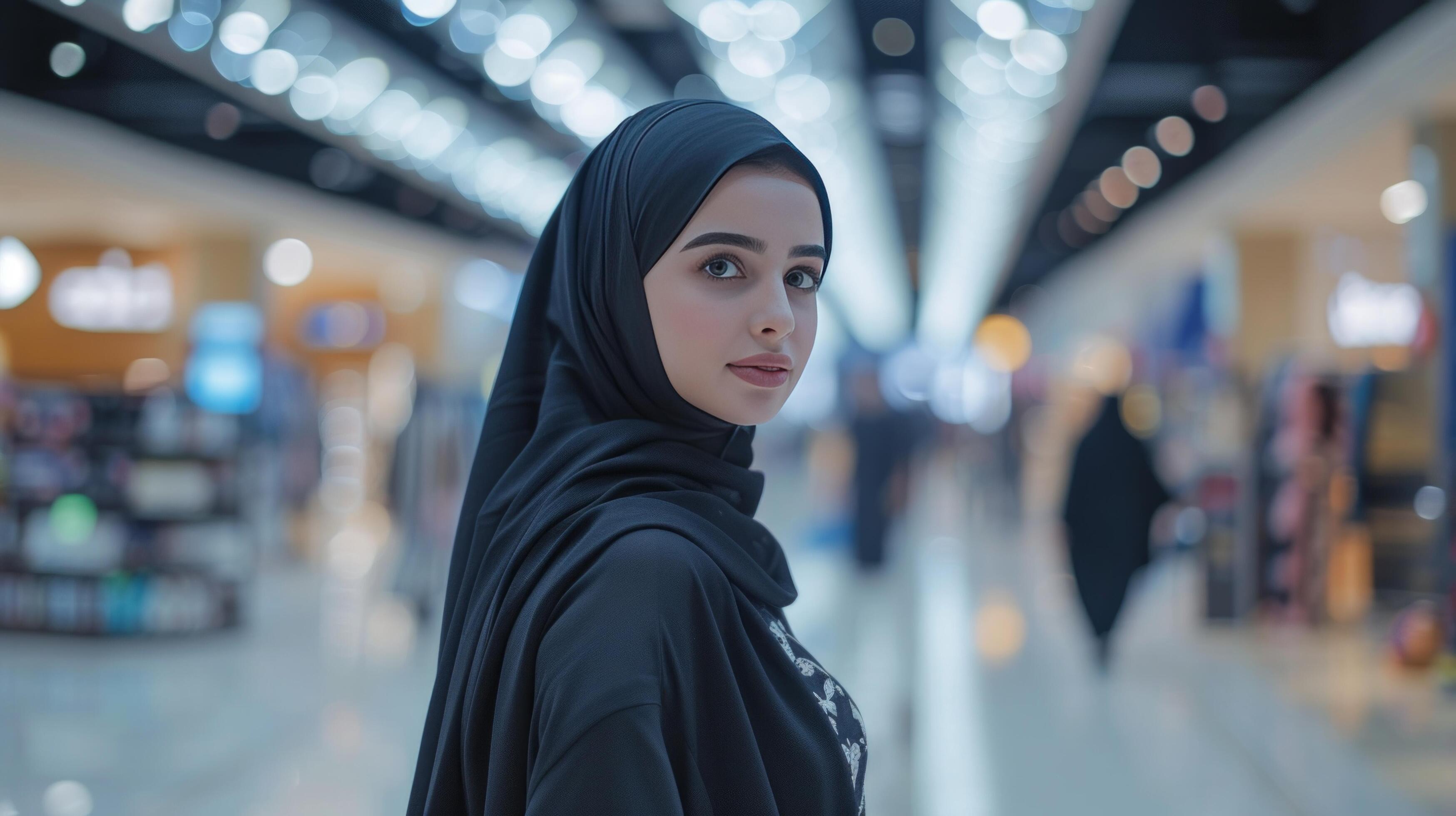 AI generated A young beautiful Arab woman in a black Abaya walks through a large shopping center ...
