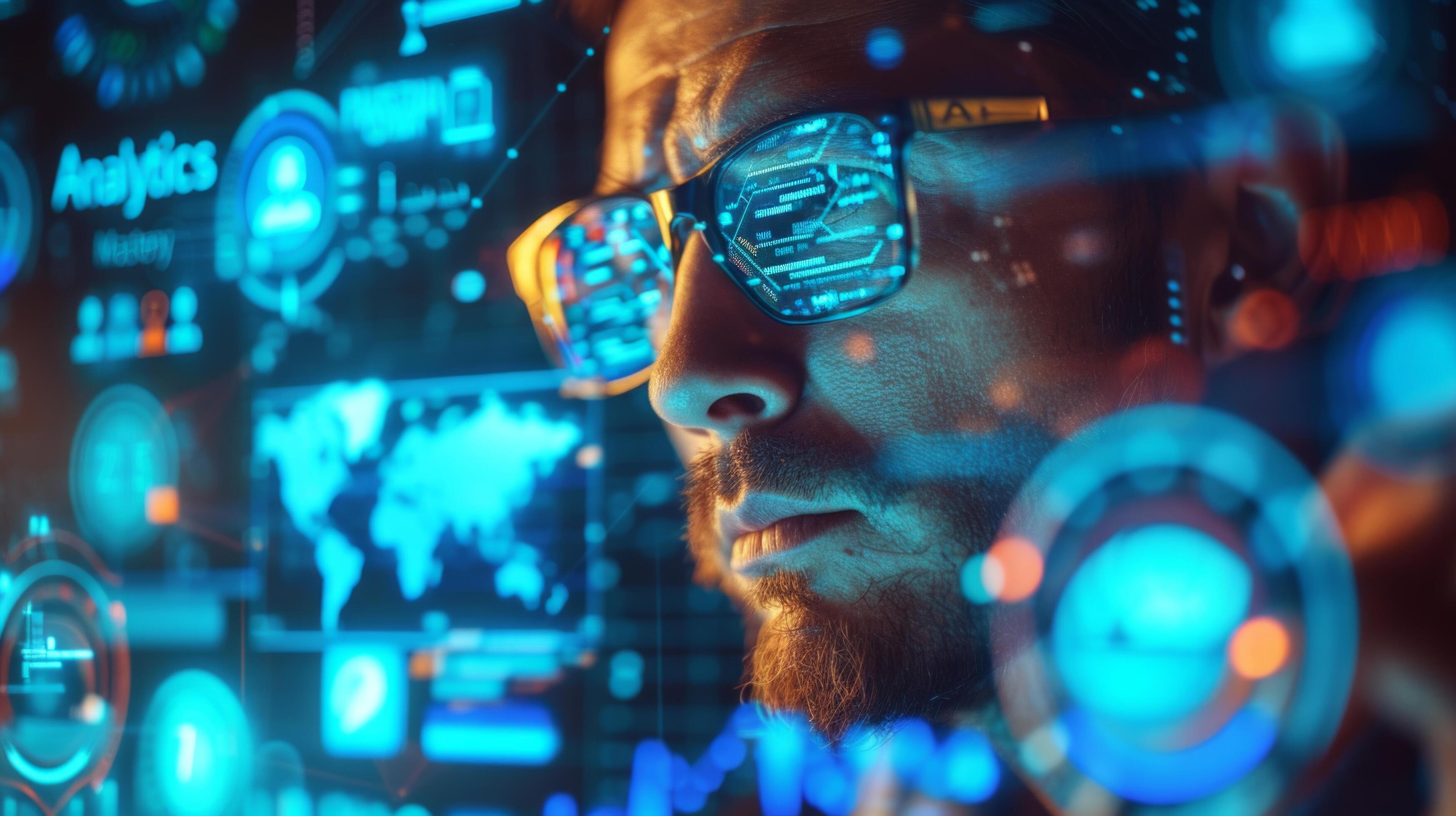 AI generated A businessman analyzes intricate data patterns with the aid of advanced AI ...