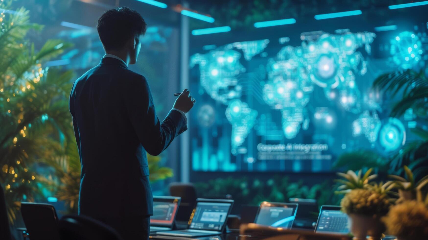 AI generated In a modern office setting, a business leader demonstrates ...