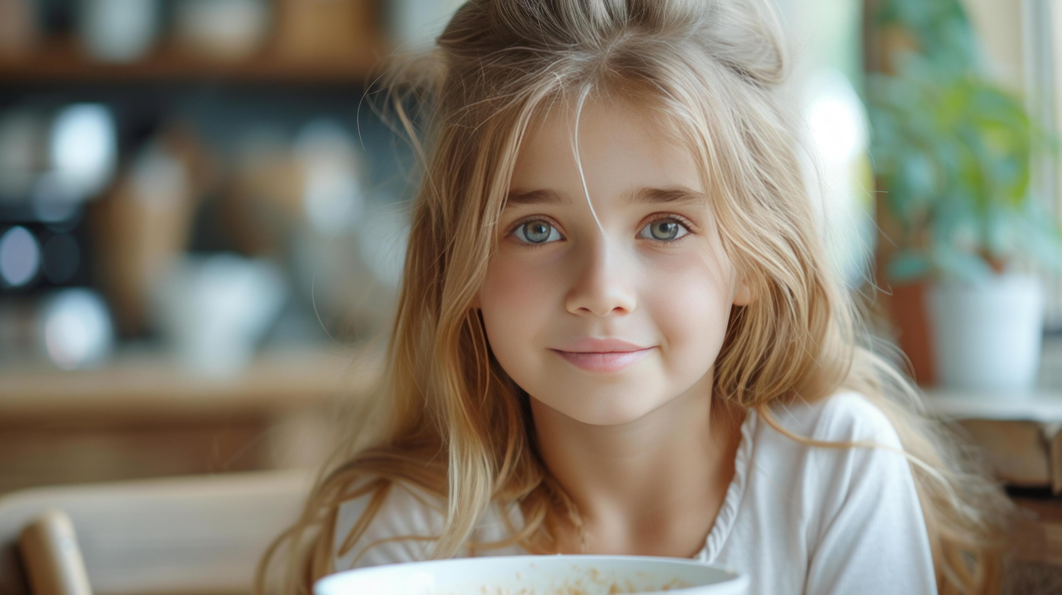 AI generated A beautiful girl 12 years old with blond hair eats soup while sitting in a light ...