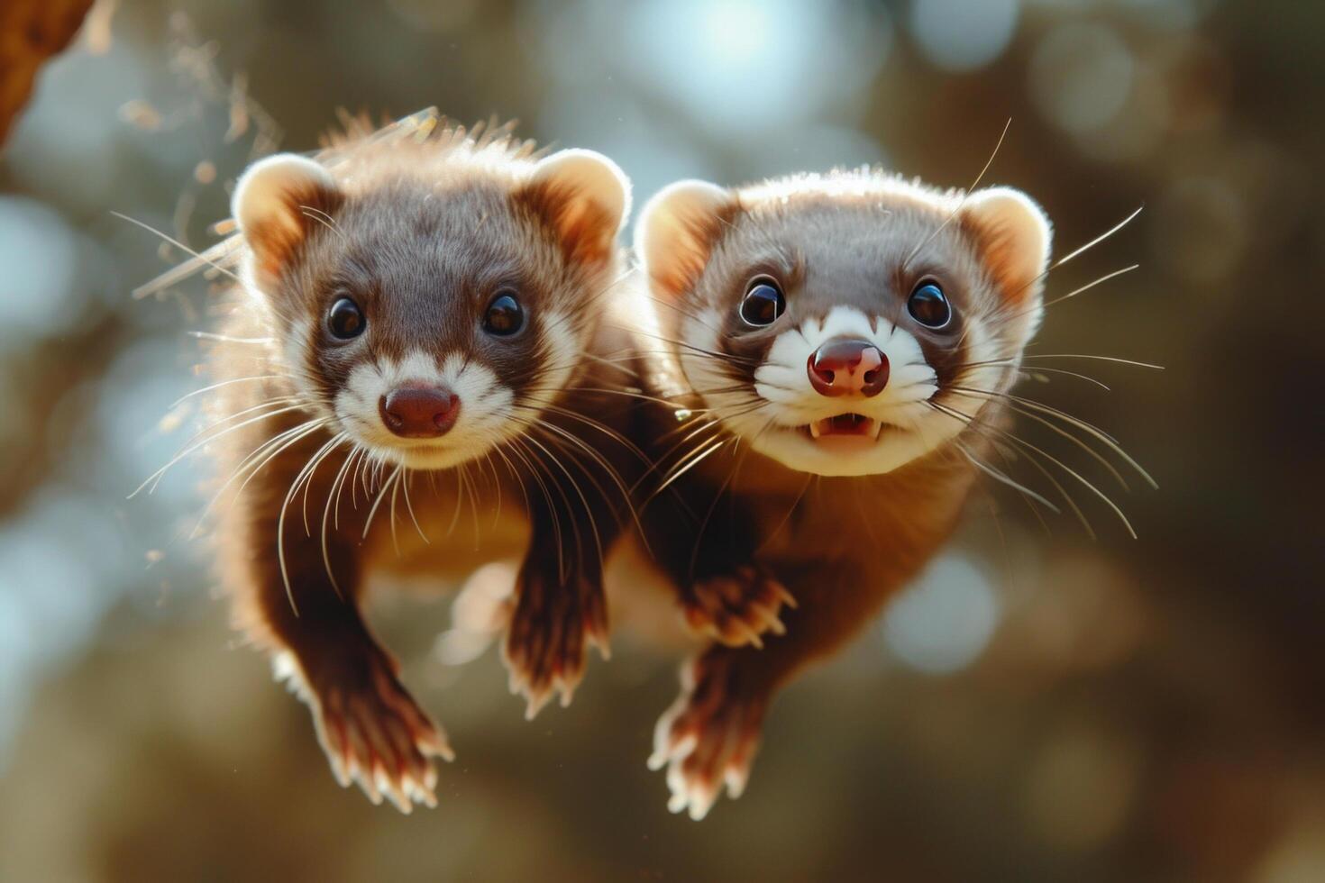 AI generated Playful ferret siblings tumbling over each other, their sleek bodies a blur of ...