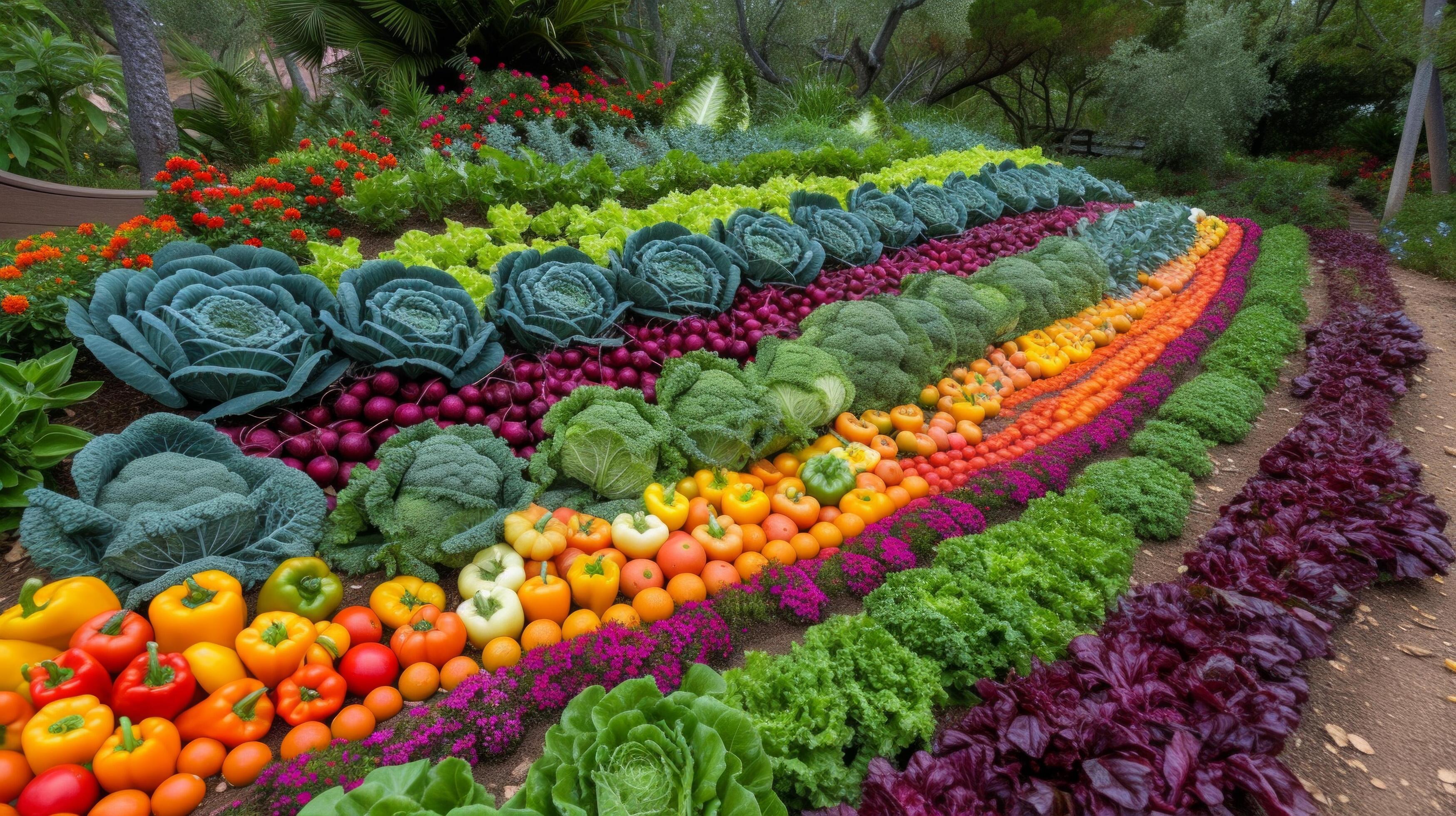 AI generated A themed vegetable garden, with vegetables arranged in ...