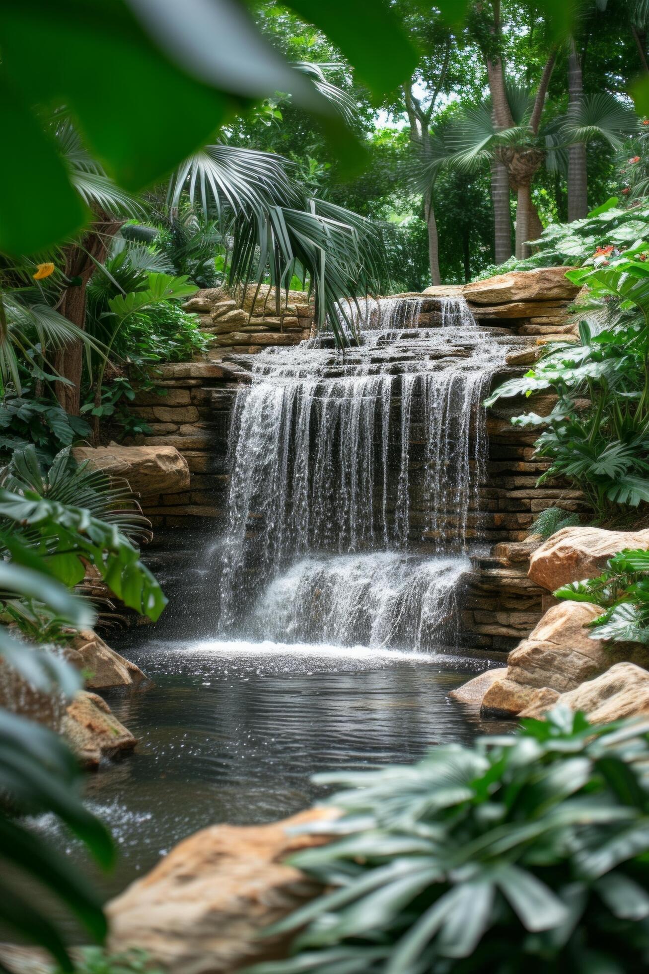 AI generated A calming waterfall cascading into a serene pool amidst lush, green foliage ...