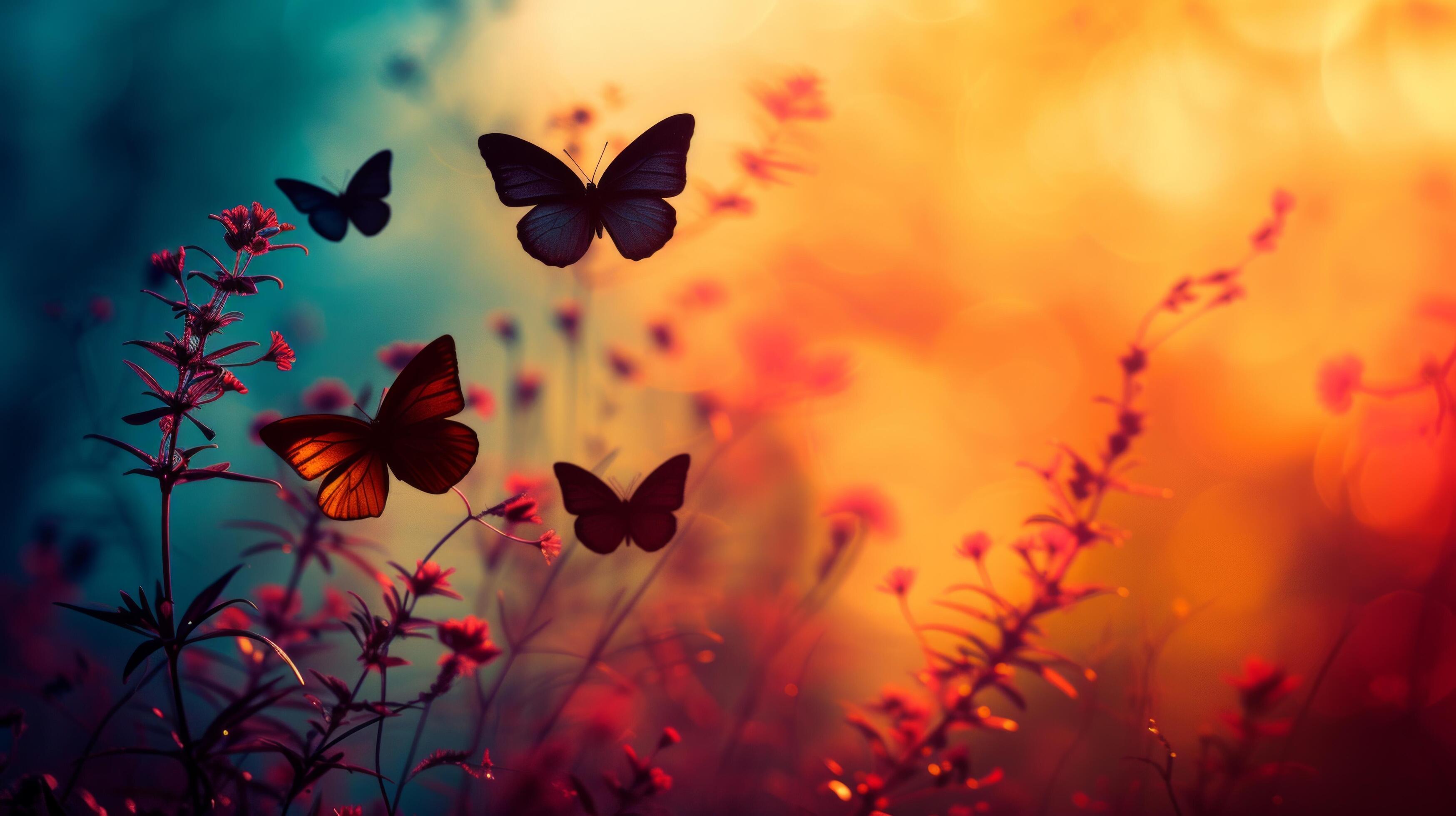 AI generated Graceful butterfly silhouettes flutter against a vivid ...