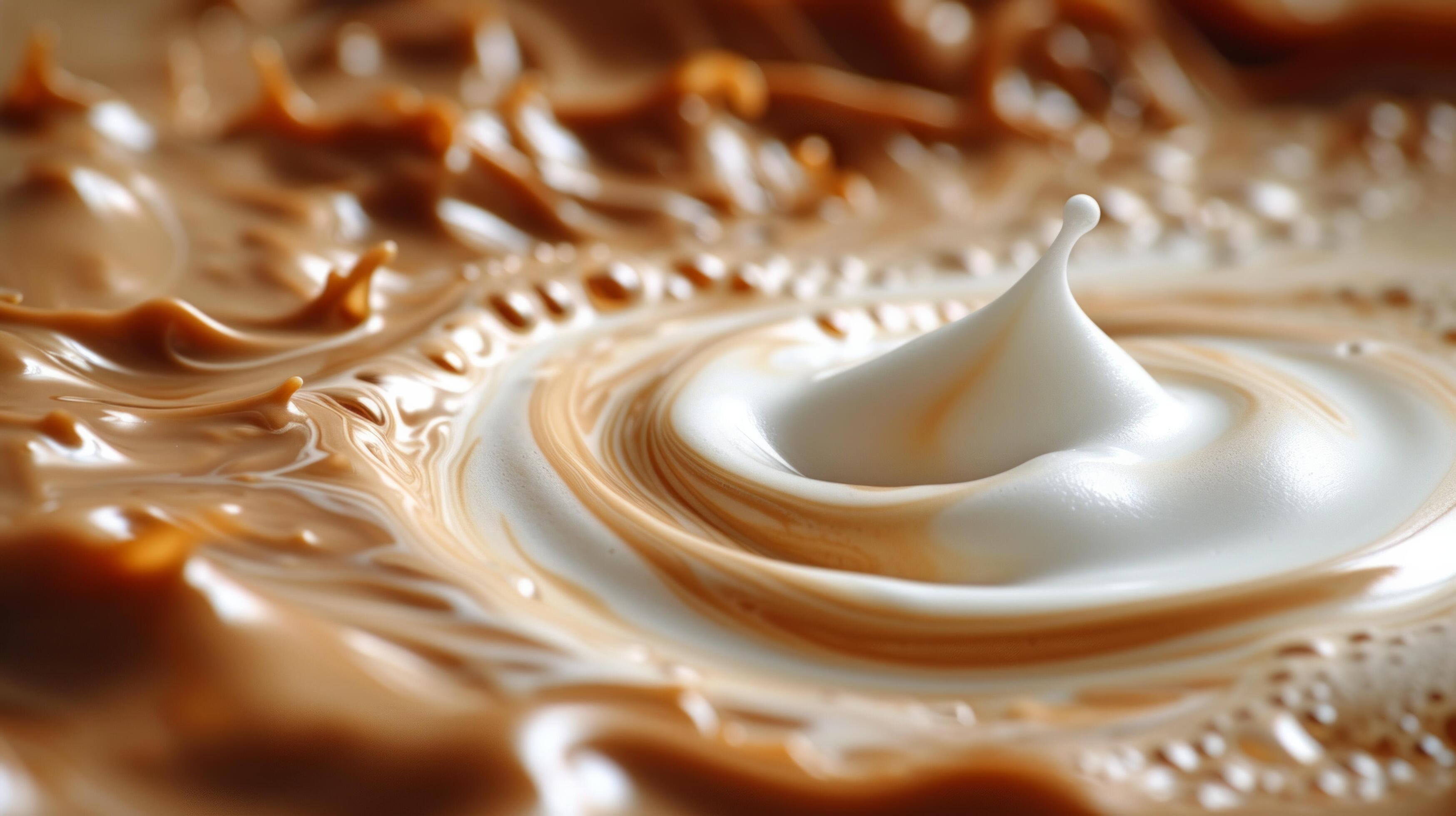 AI generated Distinct patterns emerge when milk meets a pool of coffee, creating beautiful ...