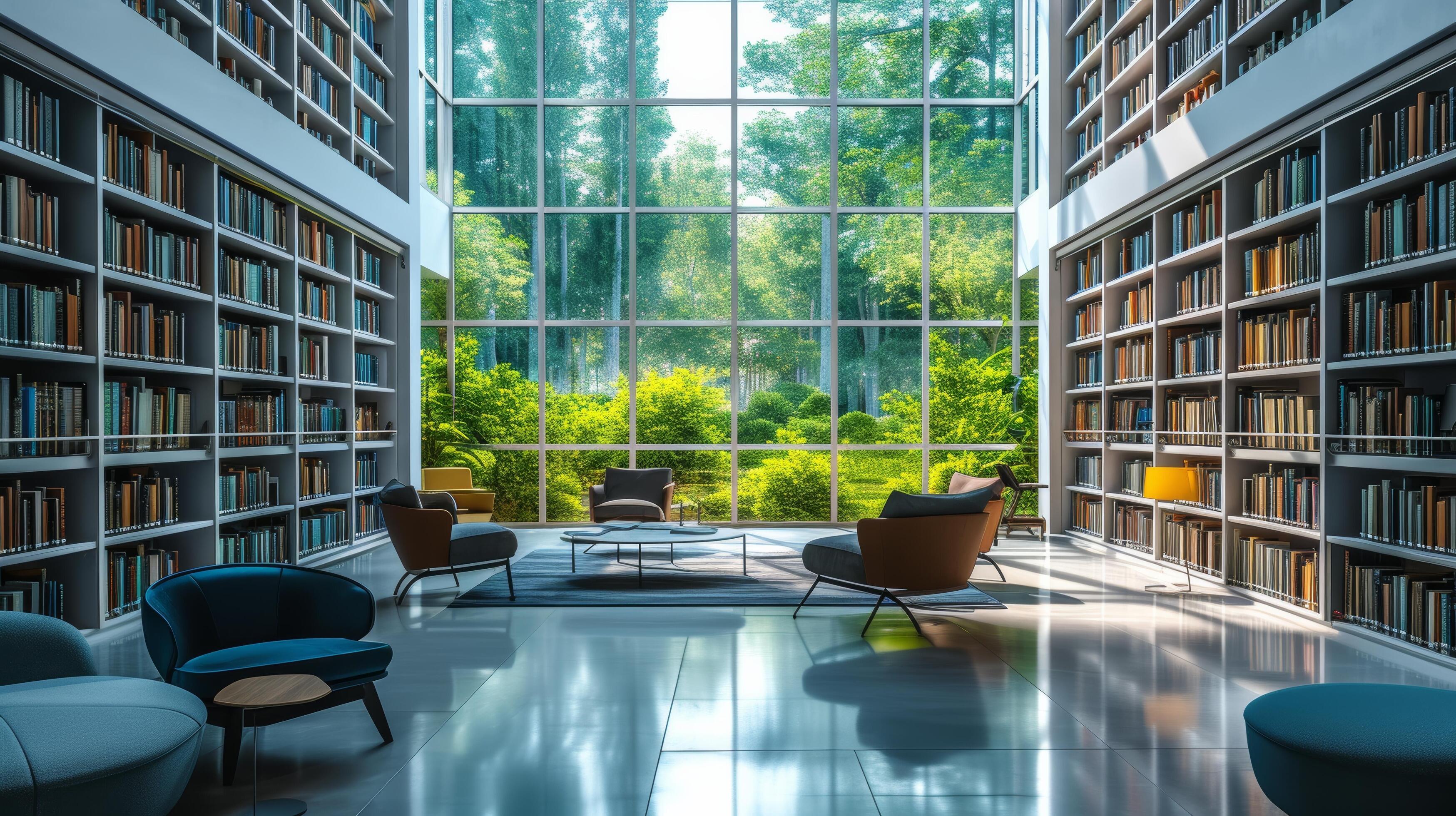 AI generated A modern library featuring sleek shelves and minimalist ...