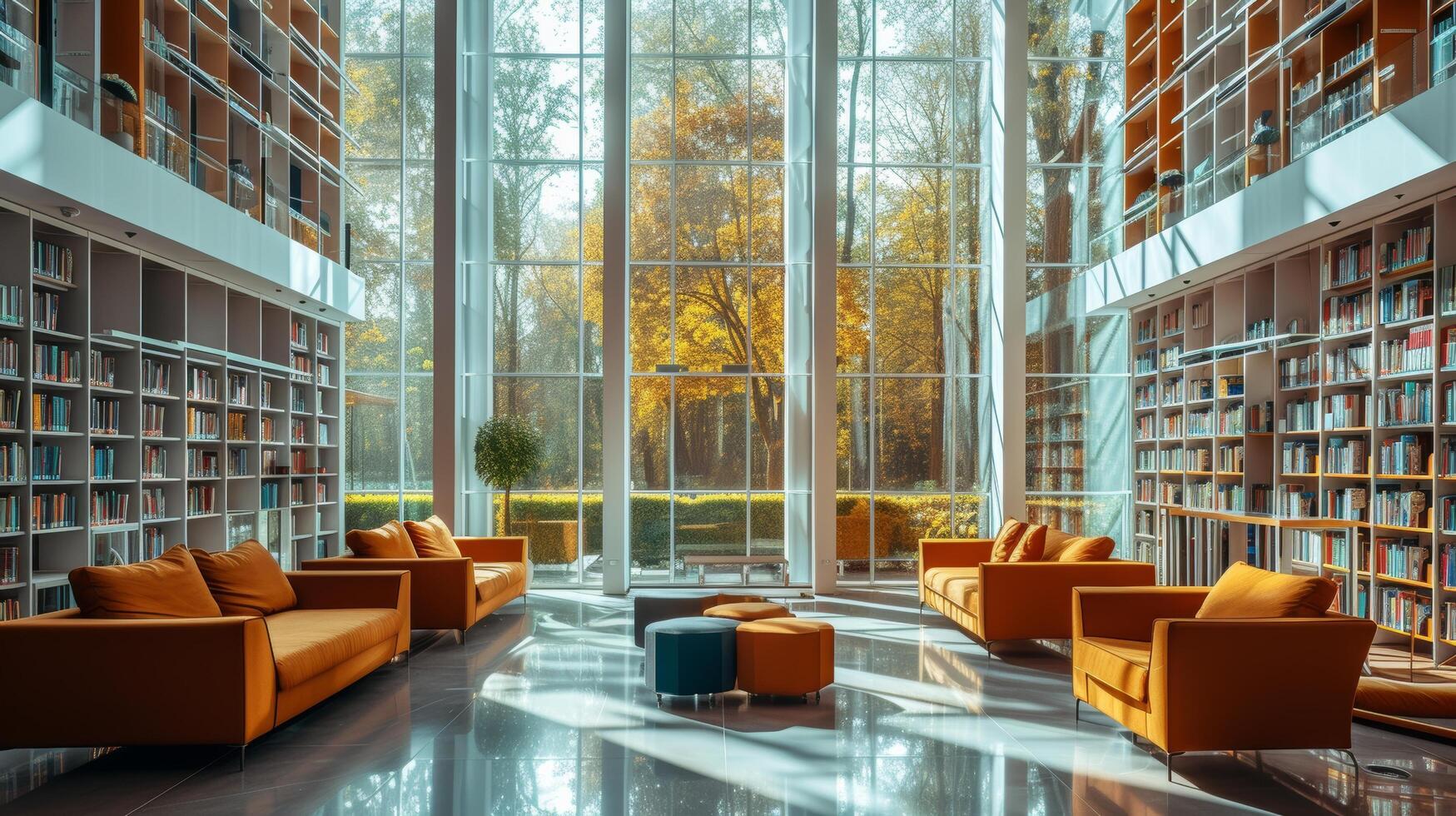 AI generated A modern library featuring sleek shelves and minimalist ...