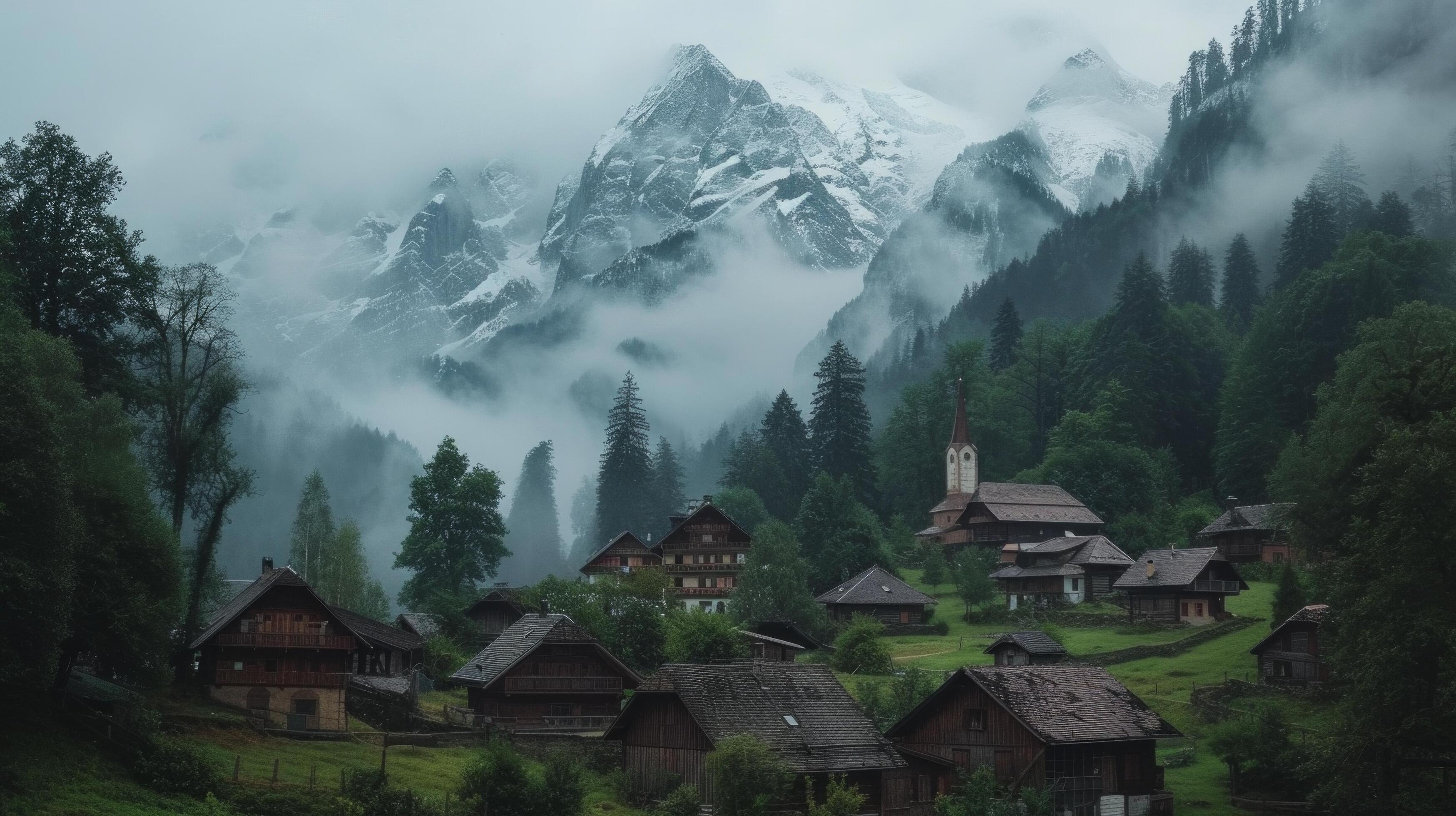 AI generated A quaint village nestled in the Swiss Alps, with wooden chalets and snow-covered ...
