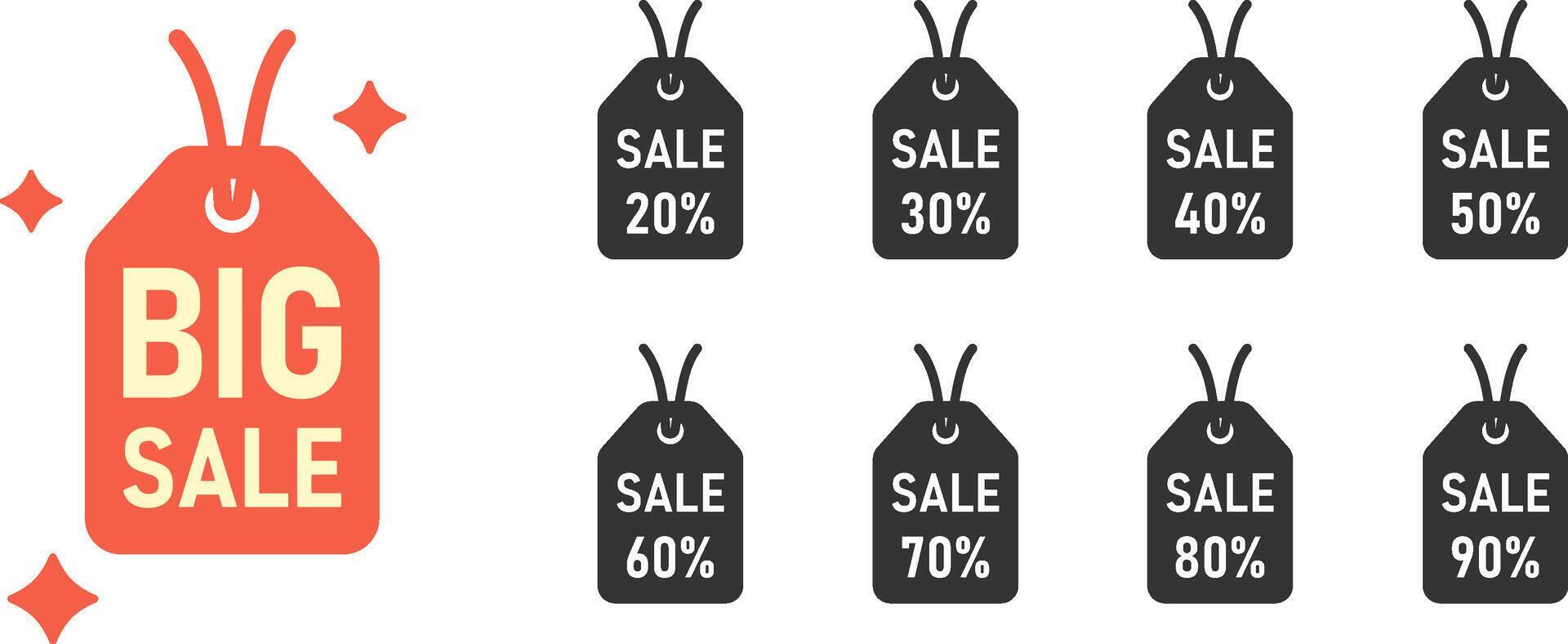 Big sale, percent off discount. Vintage, retro badge, 10, 20, 30, 50, 90 percent promotion price ...