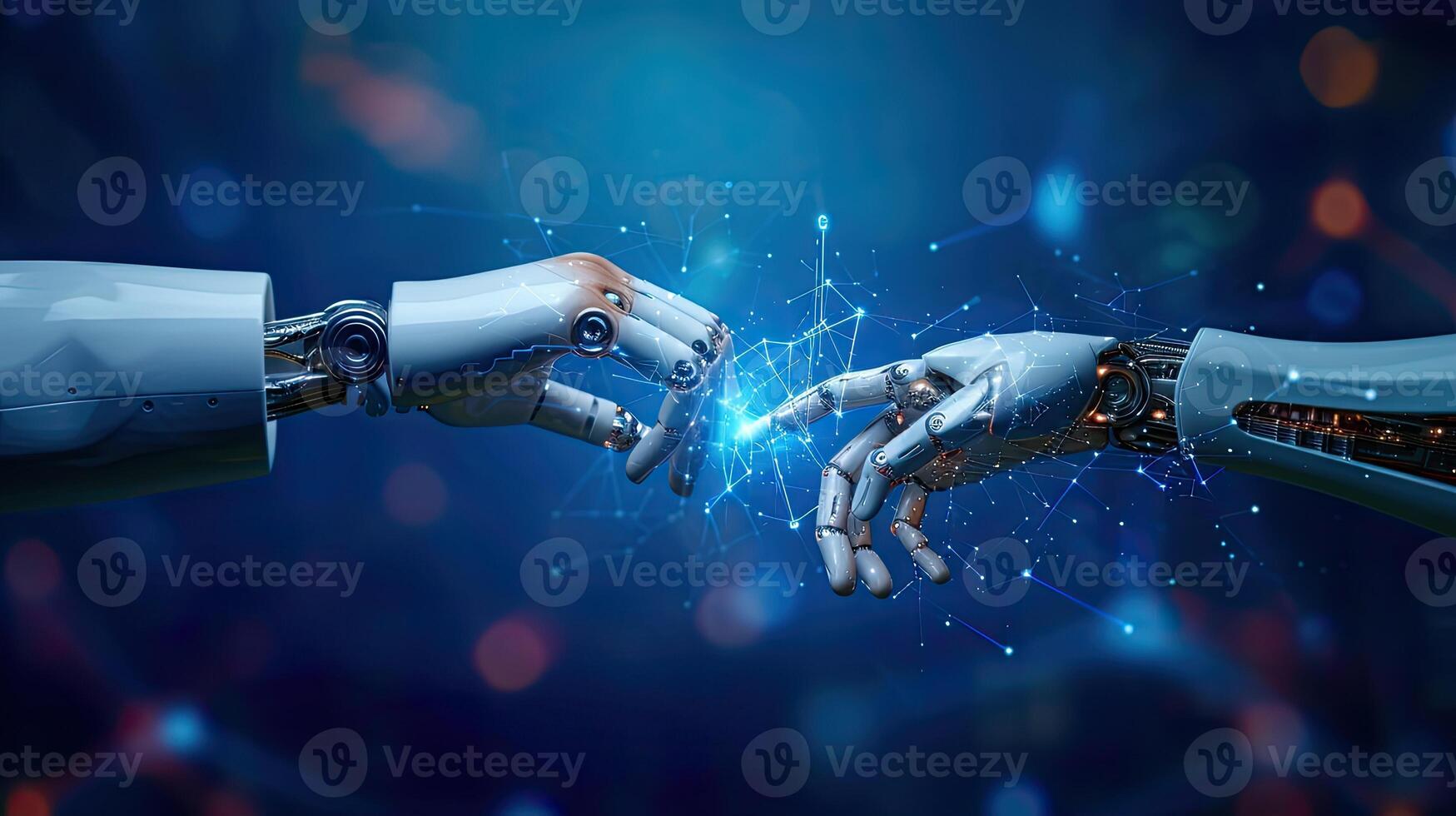 AI generated AI, Machine learning, Hands of robot and human touching on big data network ...