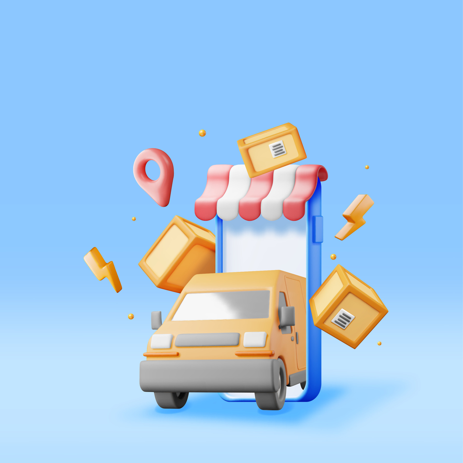 3D Delivery Van and Cardboard Boxes in Smartphone. Render Express Delivering Services Commercial ...