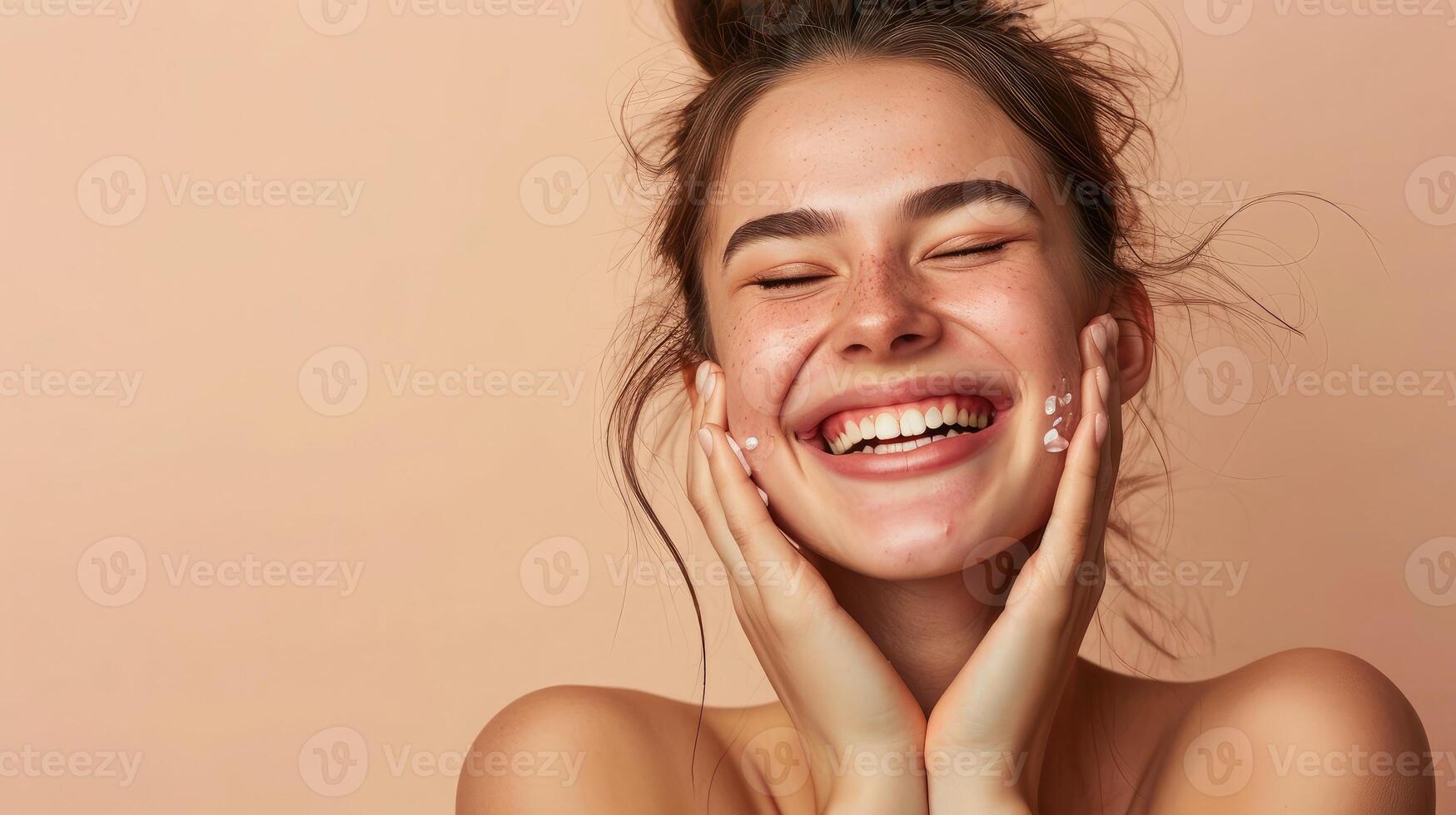 Ai Generated Happy Beautiful Girl Holding Her Cheeks With A Laugh