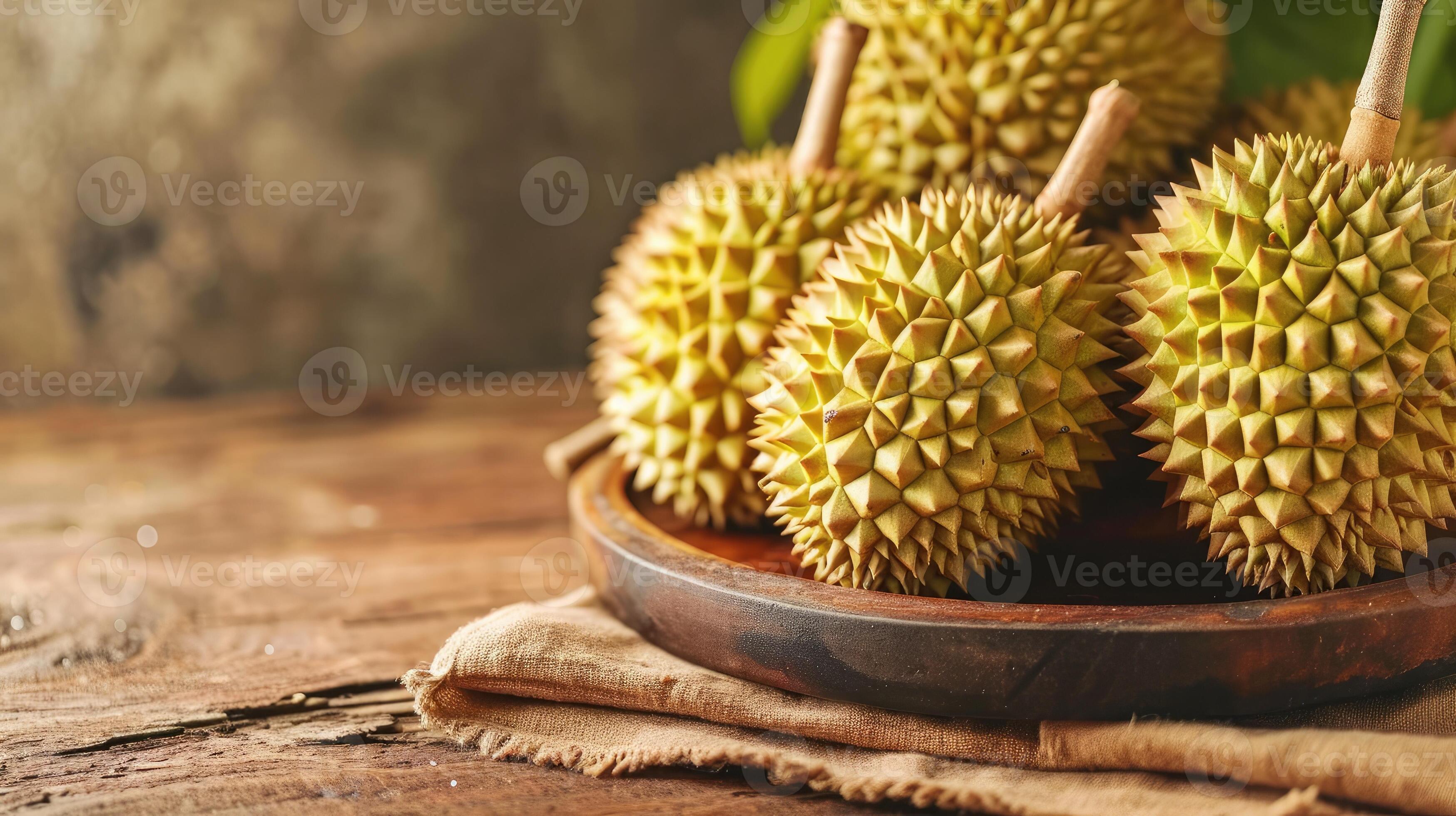AI generated Long Laplae Durian on wood plate,It is the most expensive and most delicious of all ...
