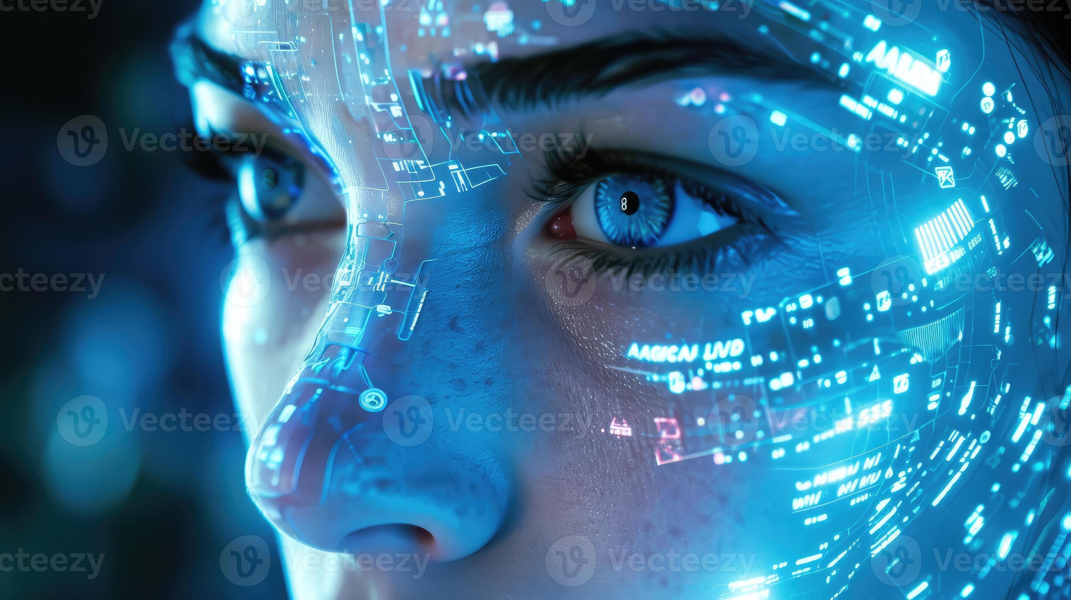 AI generated Artificial intelligence, futuristic digital technology human and robot face close ...