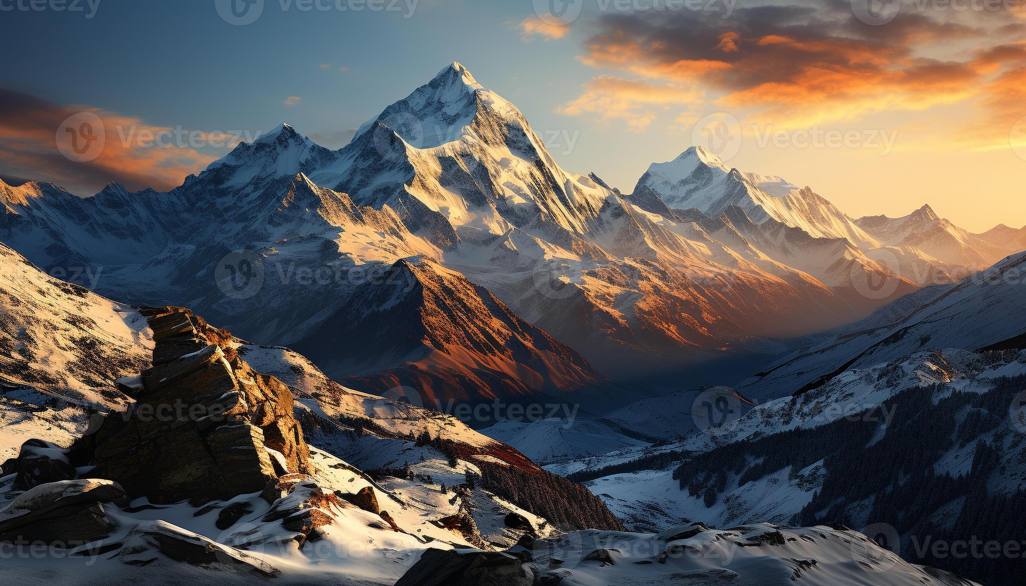 AI generated Majestic mountain peak, winter landscape, icy and snowy ...