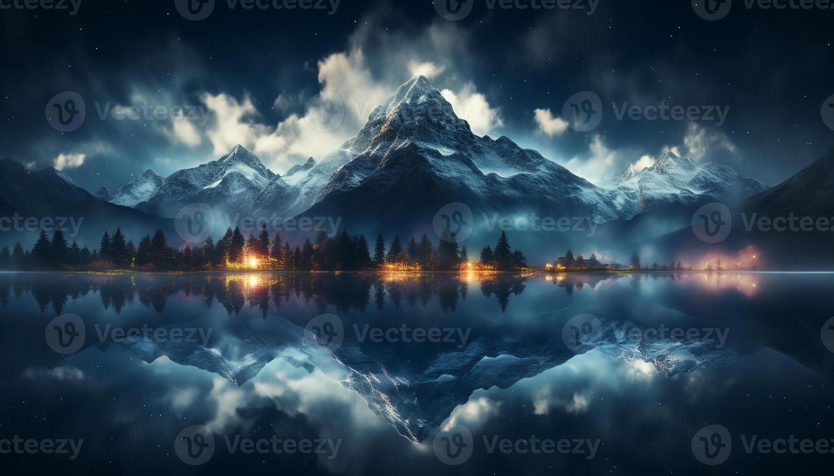 AI generated Majestic mountain peak reflects tranquil sunset over water ...