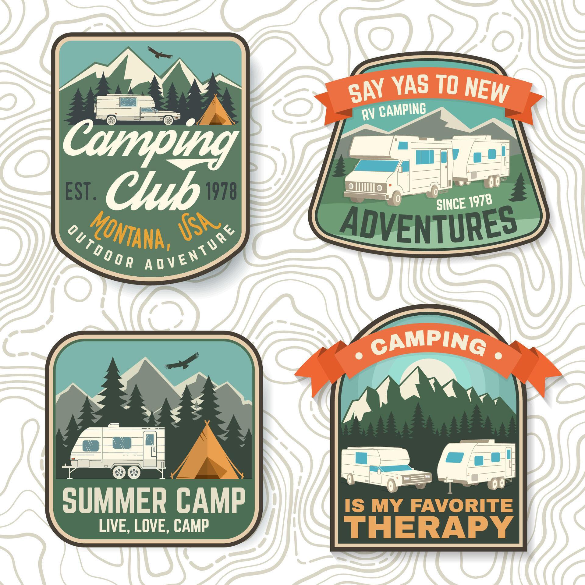 Set Of Summer Camp Patches Vector Concept For Shirt Or Logo Print