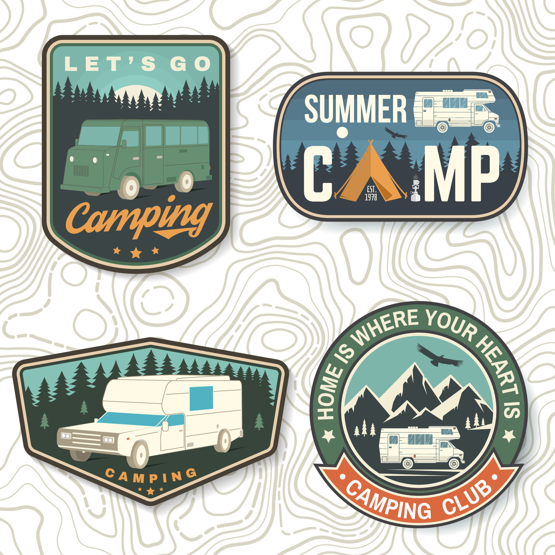 Set Of Summer Camp Patches Vector Concept For Shirt Or Logo Print
