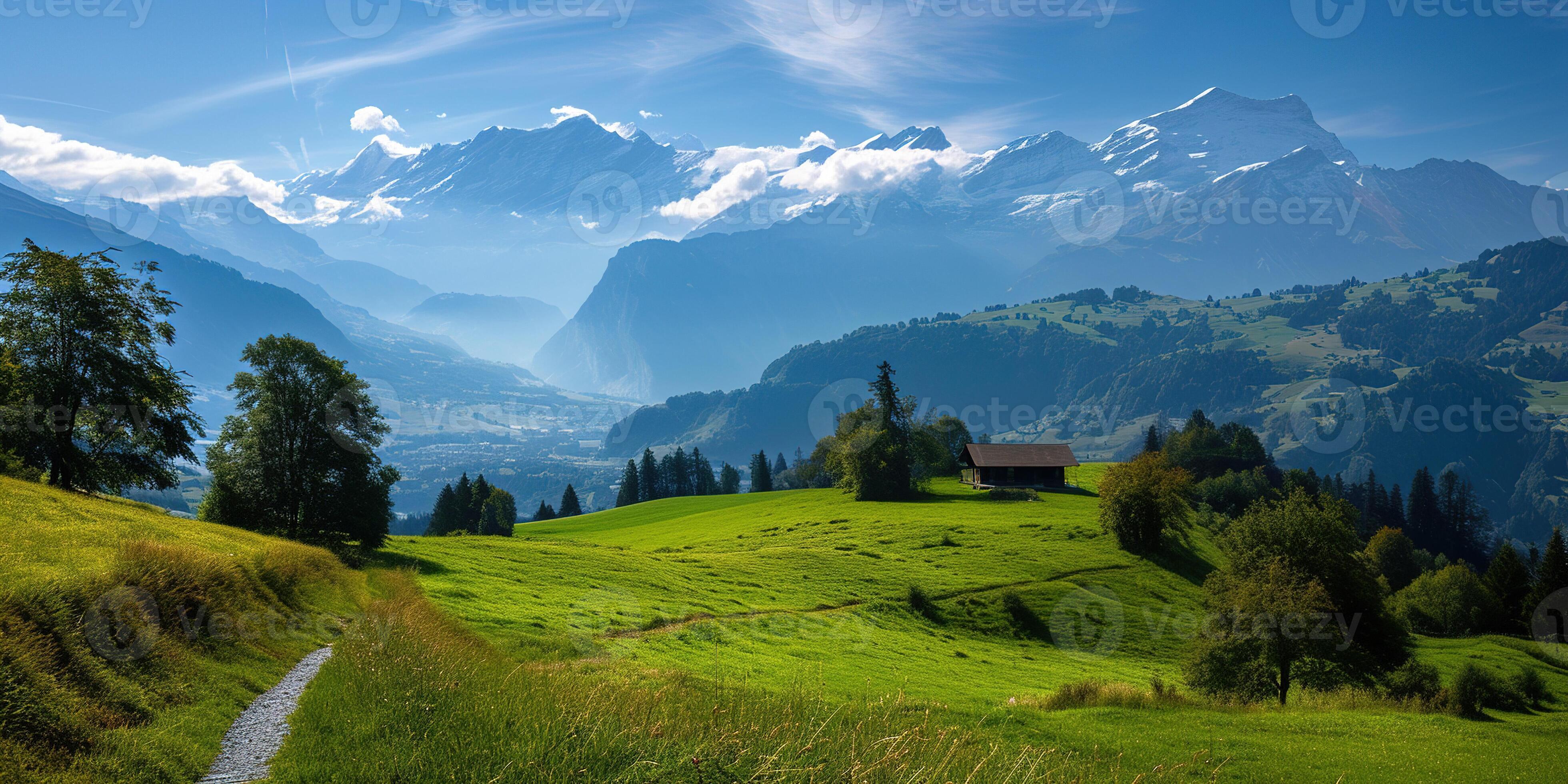 AI generated Swiss Alps mountain range with lush forest valleys and ...