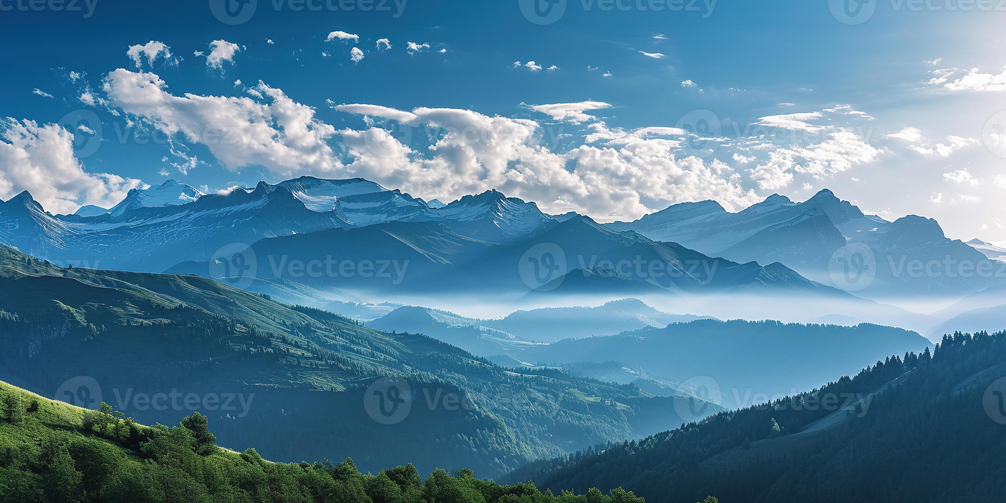 AI generated Swiss Alps mountain range with lush forest valleys and ...