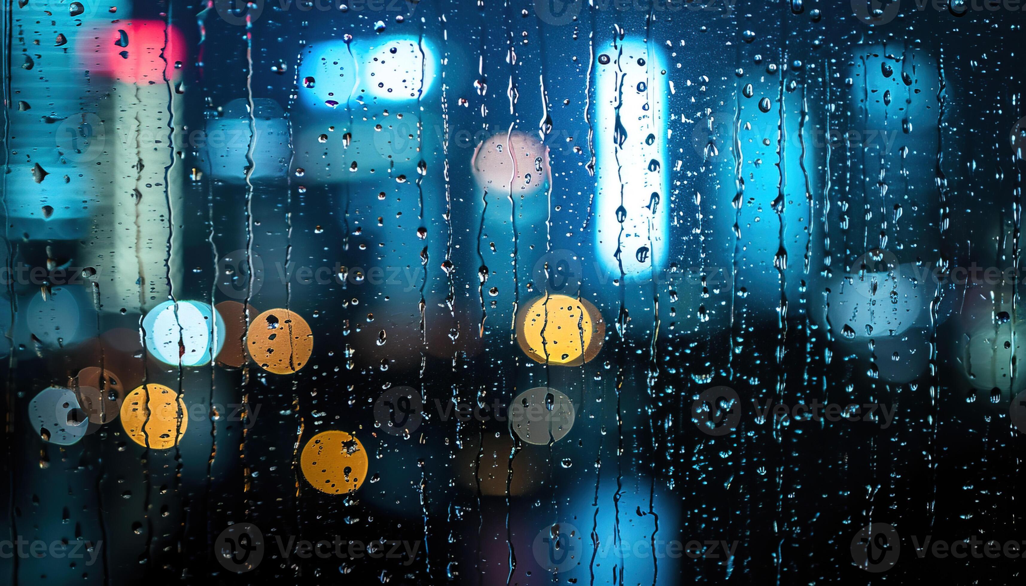 AI generated Rainy window with blurry city lights in the background. Bokeh out of focus blur ...