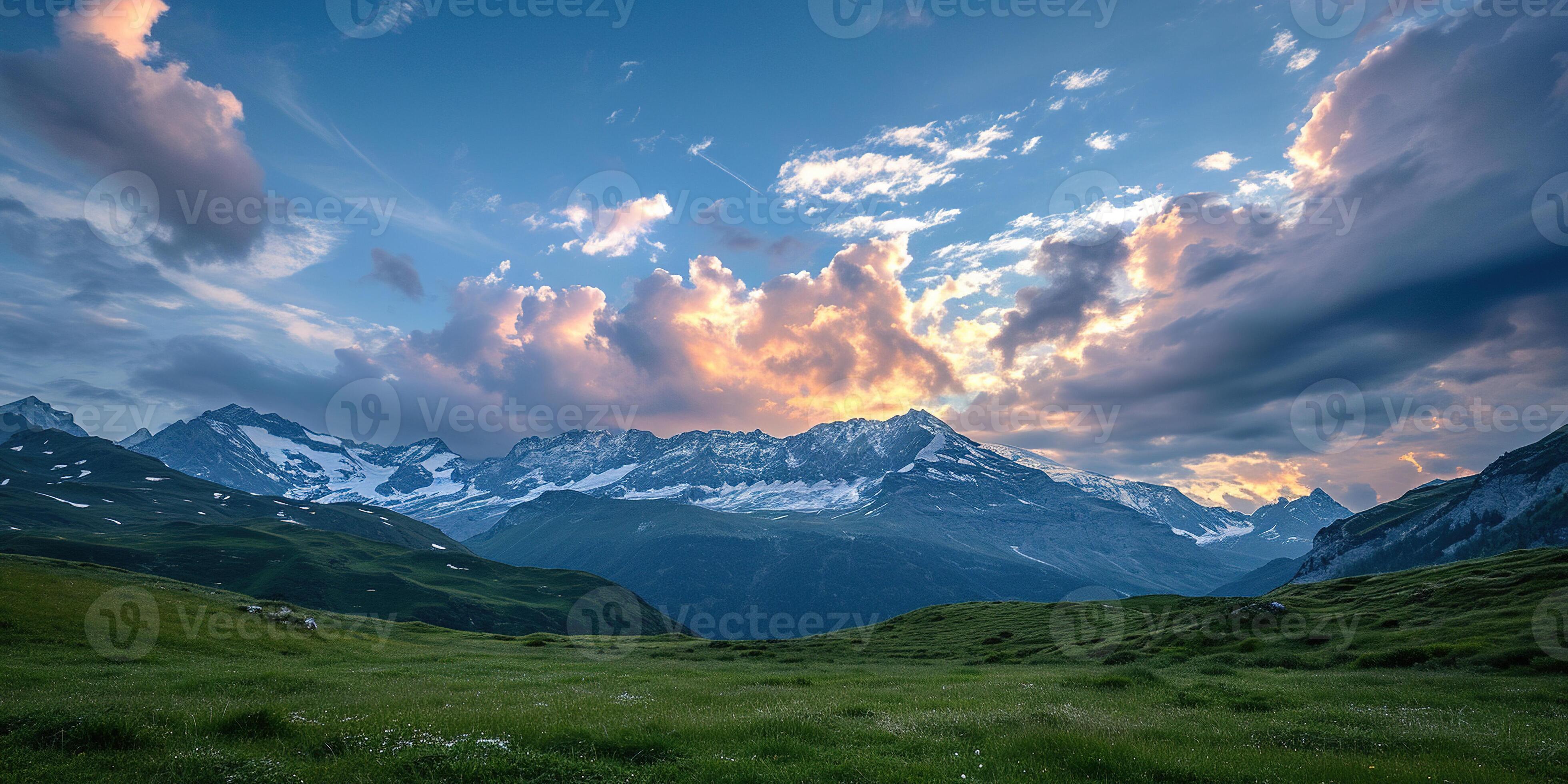 AI generated Swiss Alps mountain range with lush forest valleys and ...