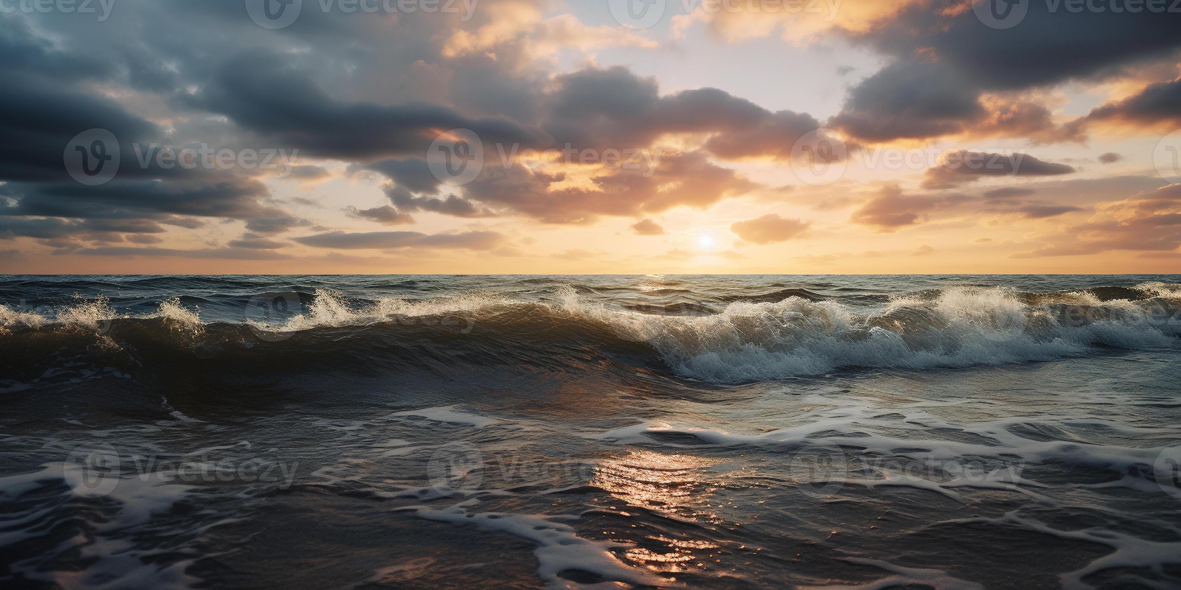 AI generated Baltic sea waves with foam crashing on the beach at sunset ...